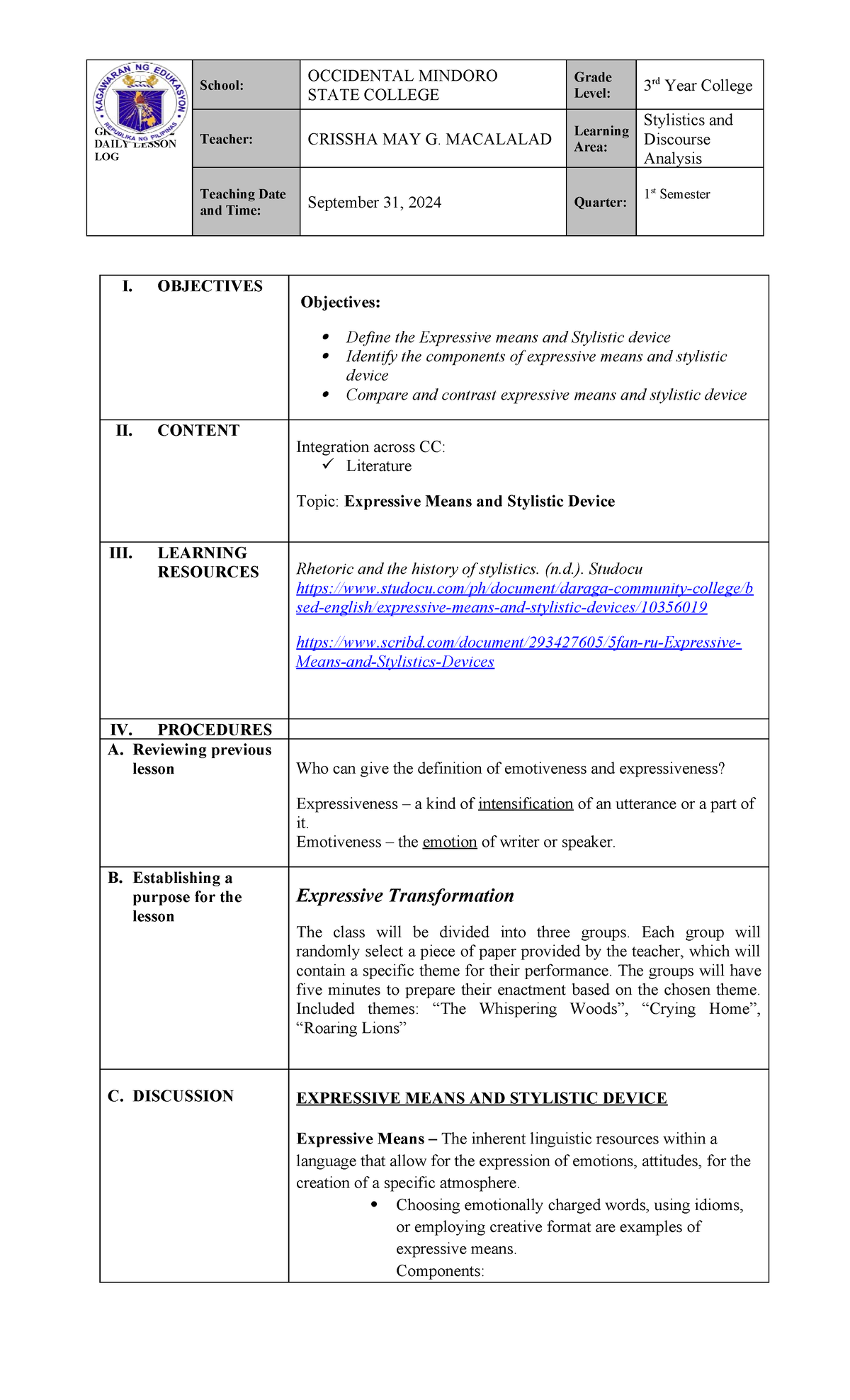 BSED 3A Lesson Plan: Expressive Means & Stylistic Devices - Studocu