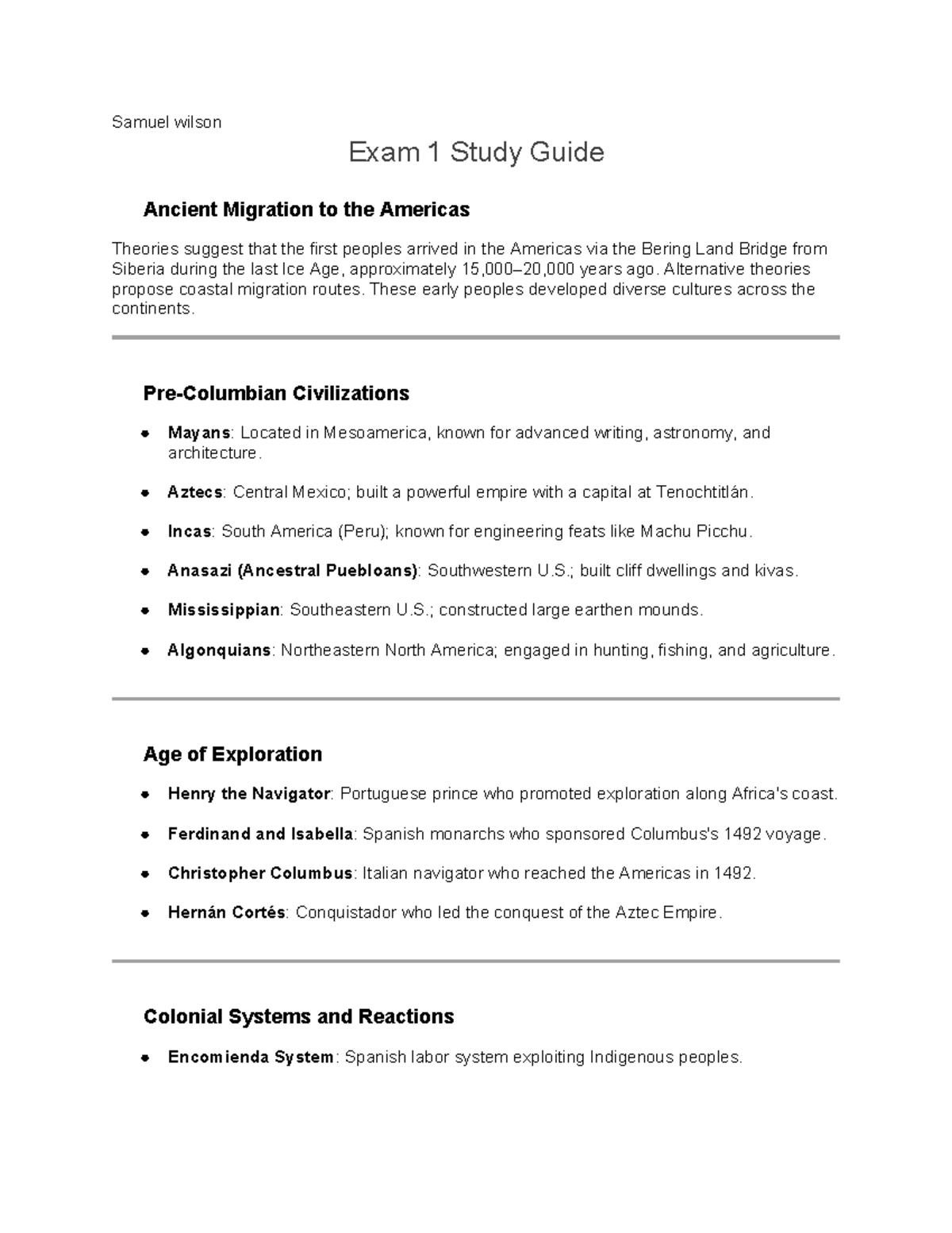 Colonial History Exam 1 Study Guide: Migration, Cultures, and Conflicts ...