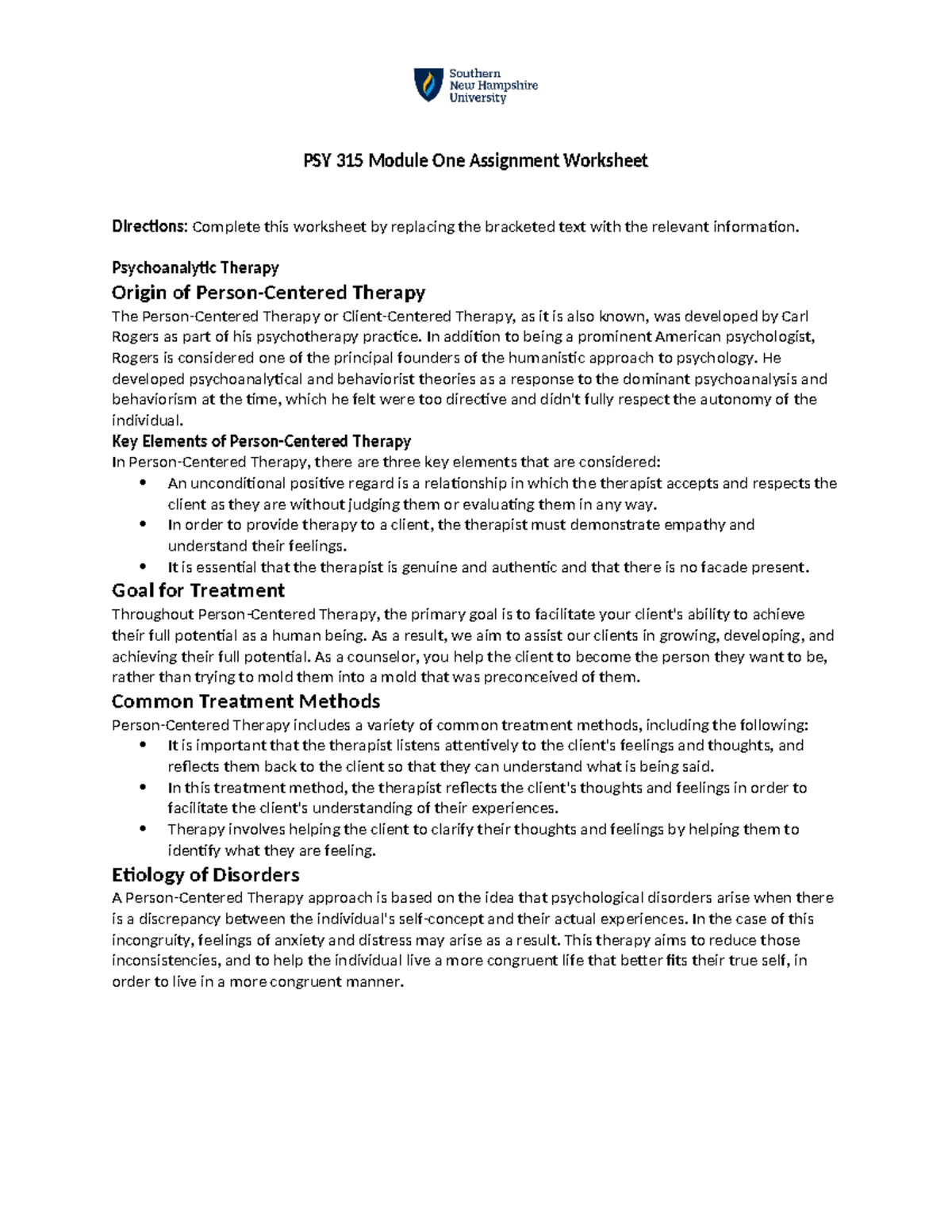 PSY 315 Module One Assignment: Person-Centered Therapy Overview - Studocu