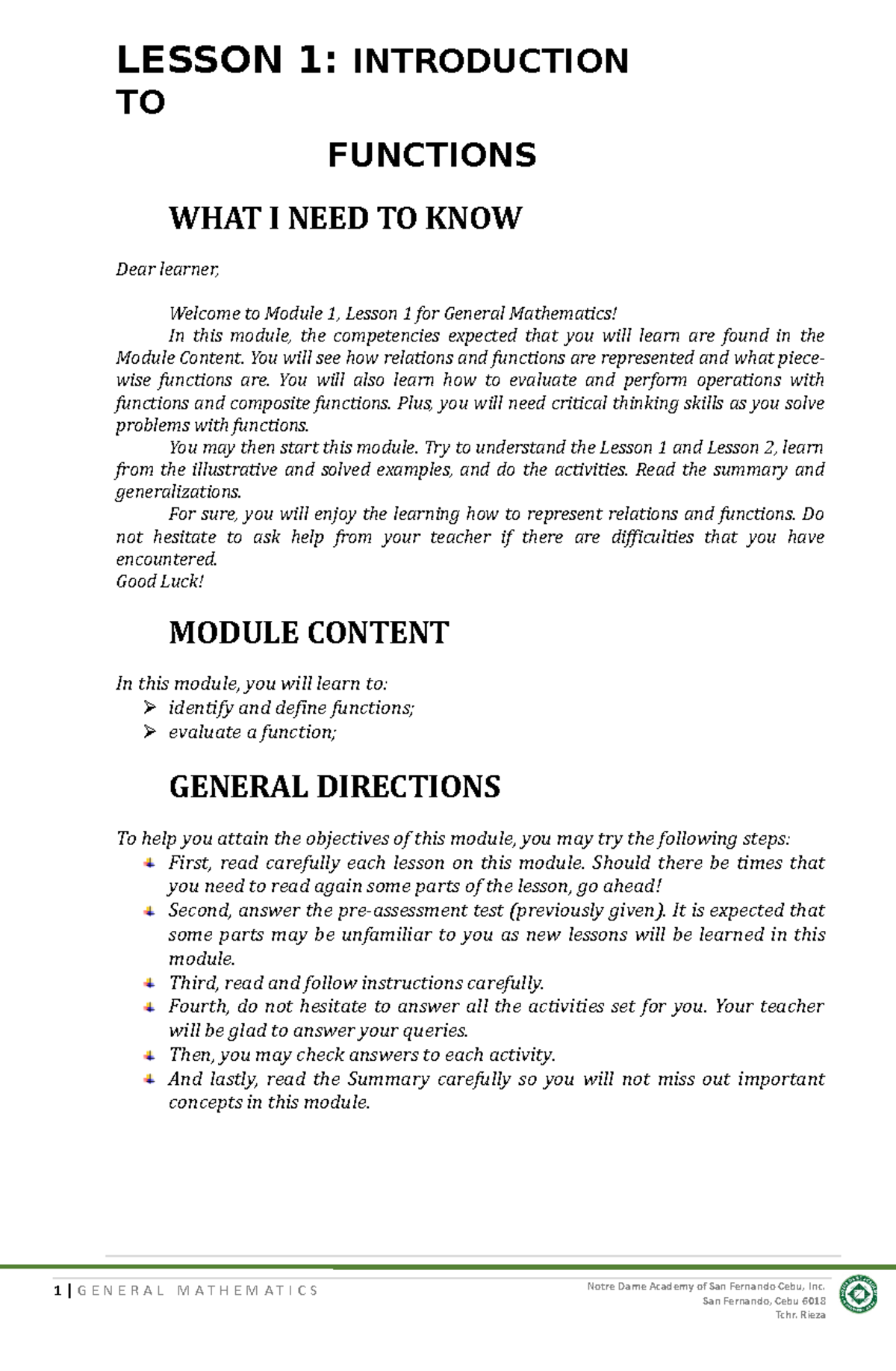 General Mathematics: Functions & Their Graphs (Lesson 1) - Studocu