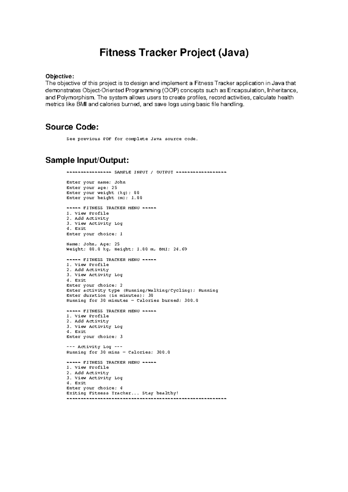 Fitness Tracker Project (Java): Sample Input/Output Guide - Studocu