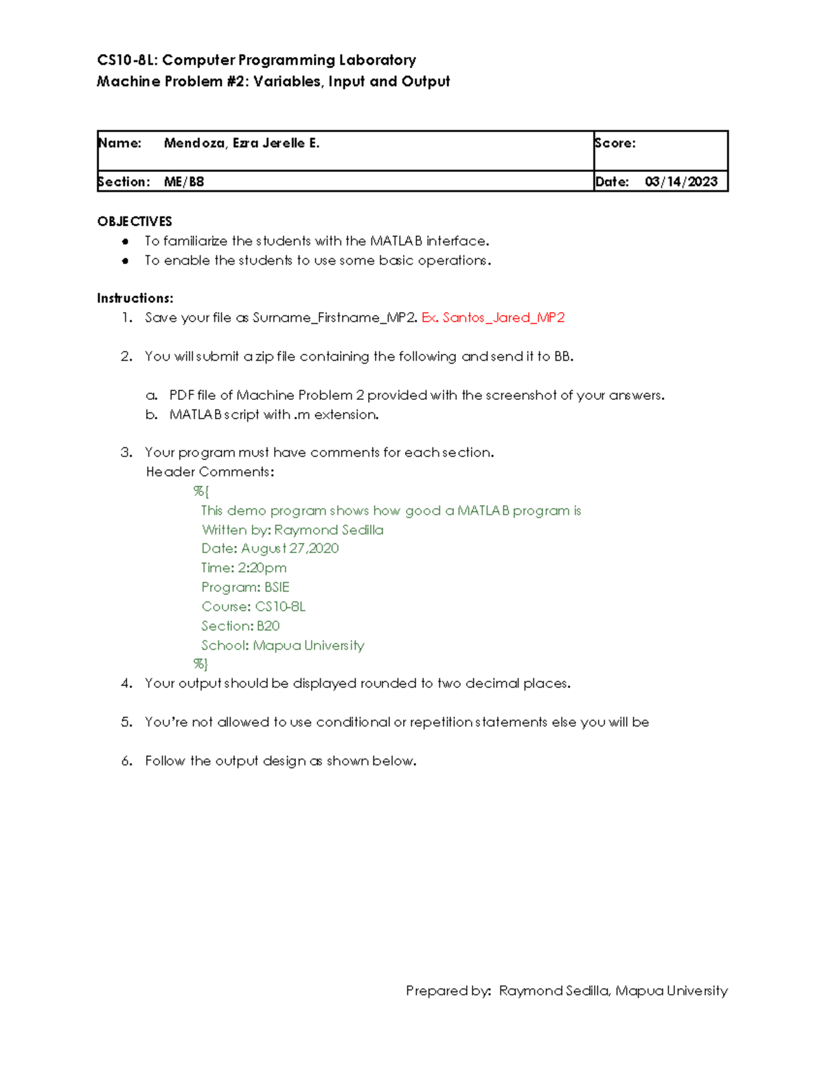 Mendoza Ezra MP2 - MACHINE PROBLEM 2 - Machine Problem #2: Variables ...