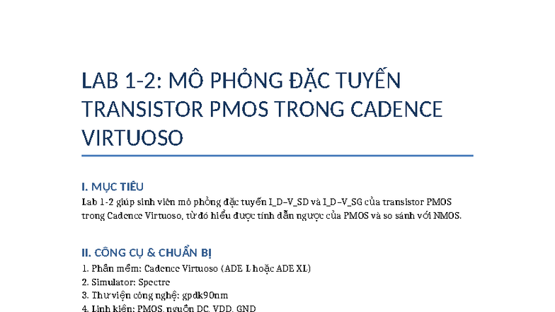 LAB MÔ PHỎNG ĐẶC TUYẾN PMOS TRONG CADENCE VIRTUOSO - Studocu