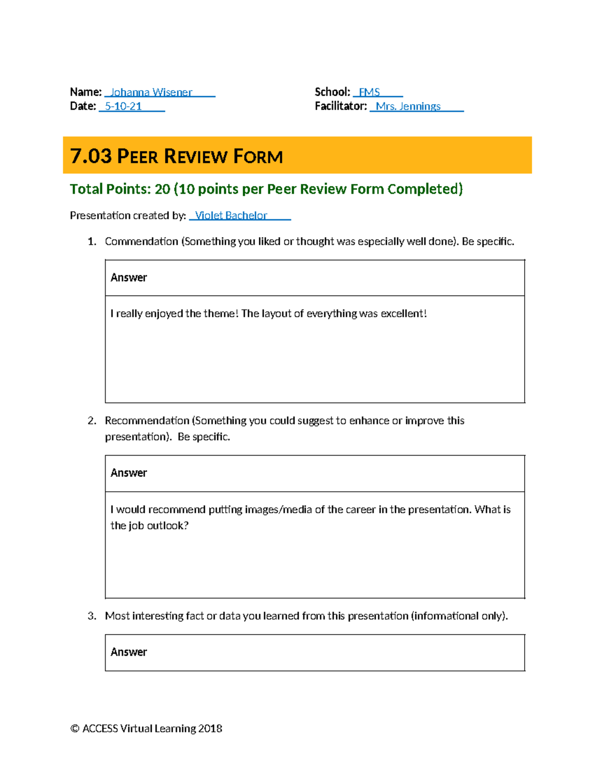 7.03 Peer Review Form for Presentation by Violet Bachelor - Studocu