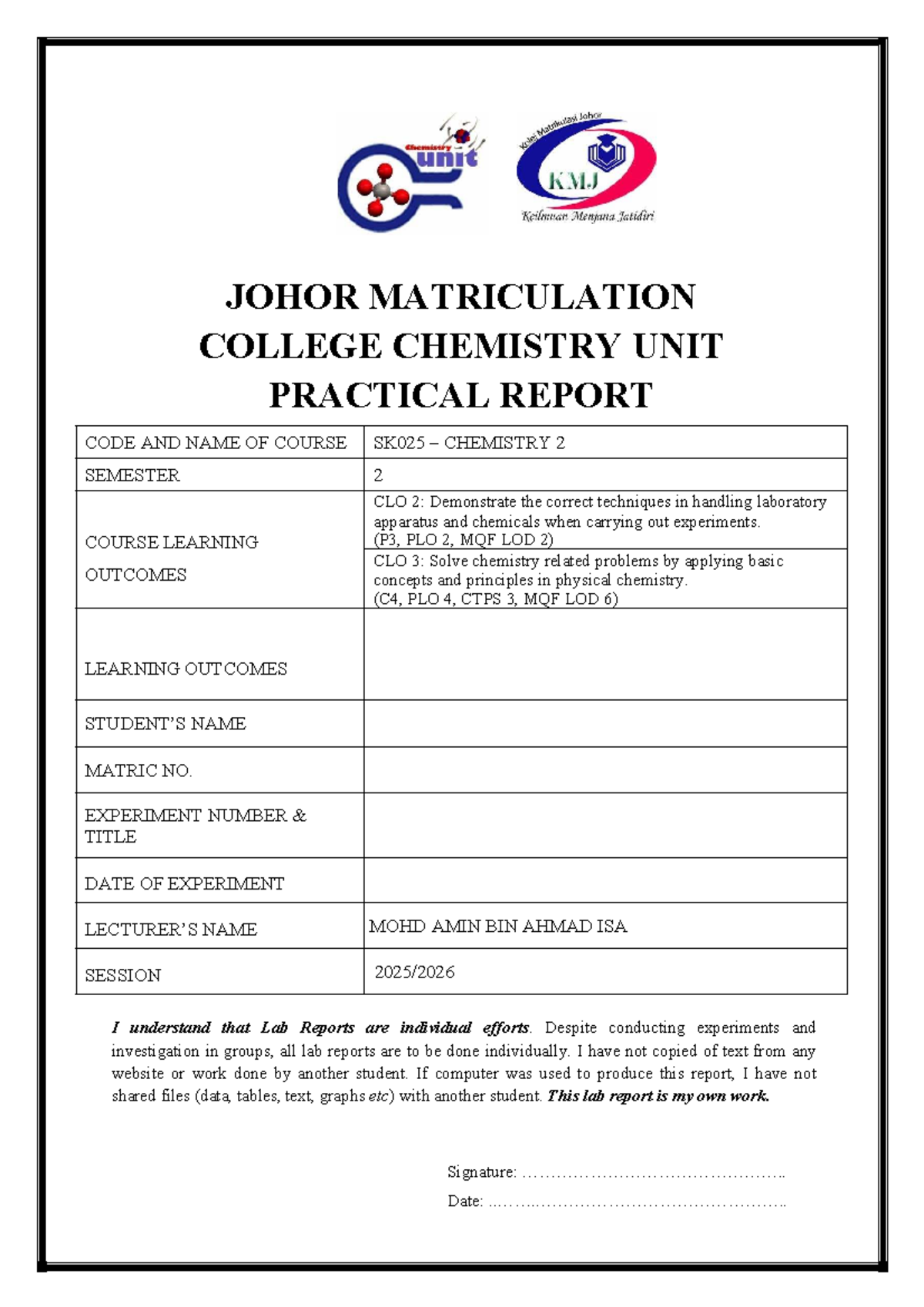 Lab Report 3 for SK025 Chemistry 2: Electrochemical Cells Analysis ...