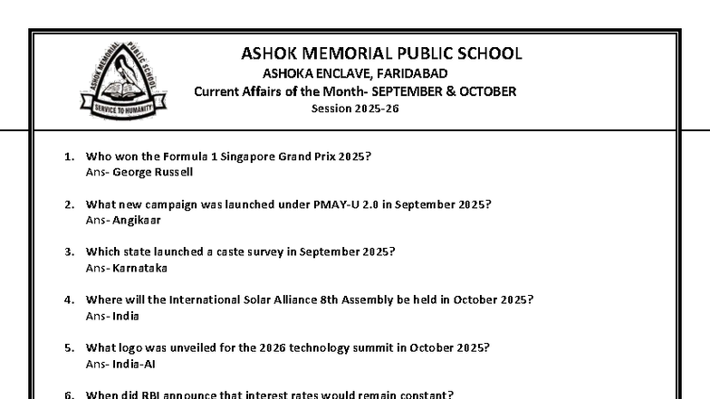 Current Affairs September & October 2025 - ASHOK MEMORIAL PS - Studocu