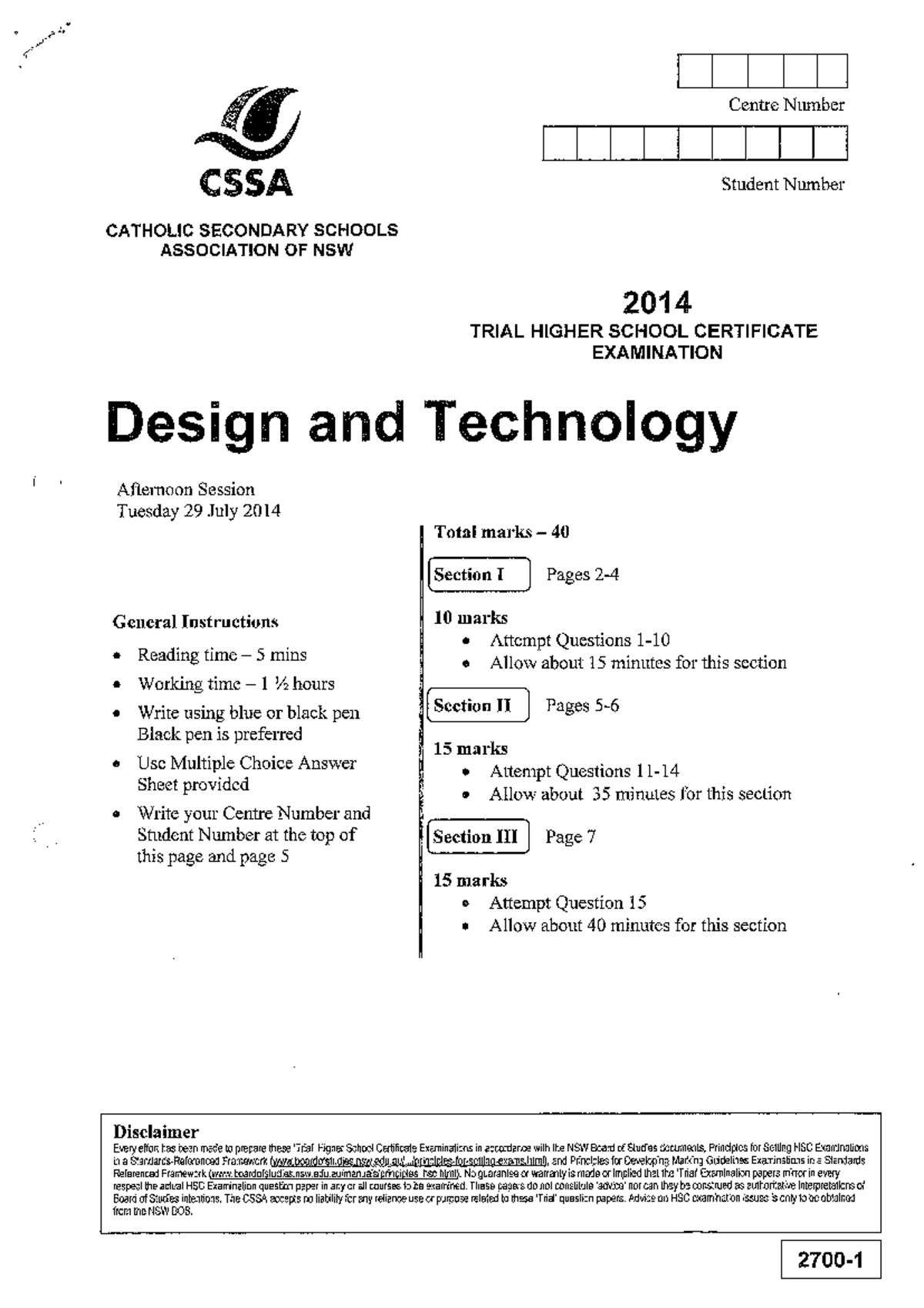 Catholic Trial 2014 - HSC Design & Technology Exam (CSSA) - Studocu