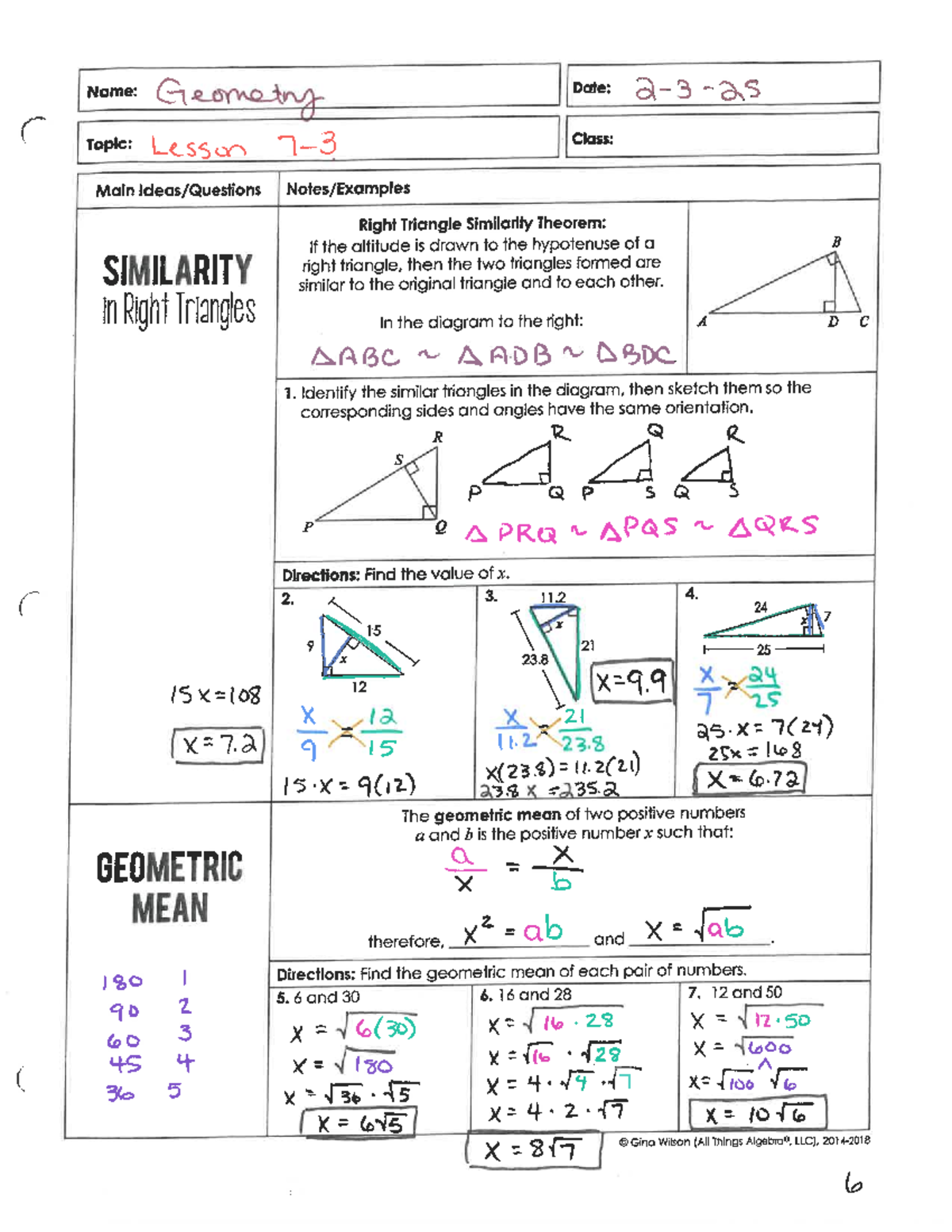 G2 Lesson 7-3 Day 2: Right Triangle Similarity Theorem Notes - Studocu