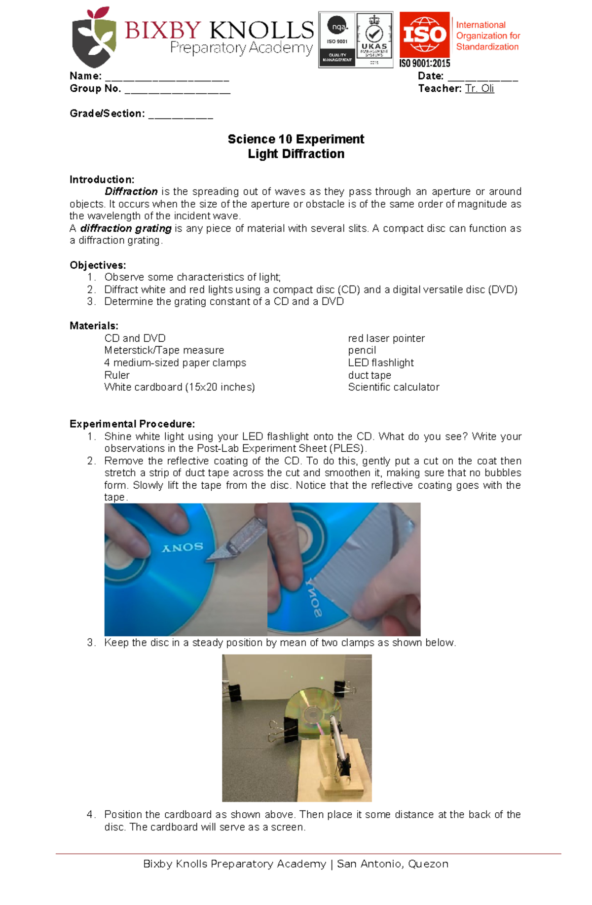 G10 Science Experiment: Exploring Light Diffraction Techniques - Studocu