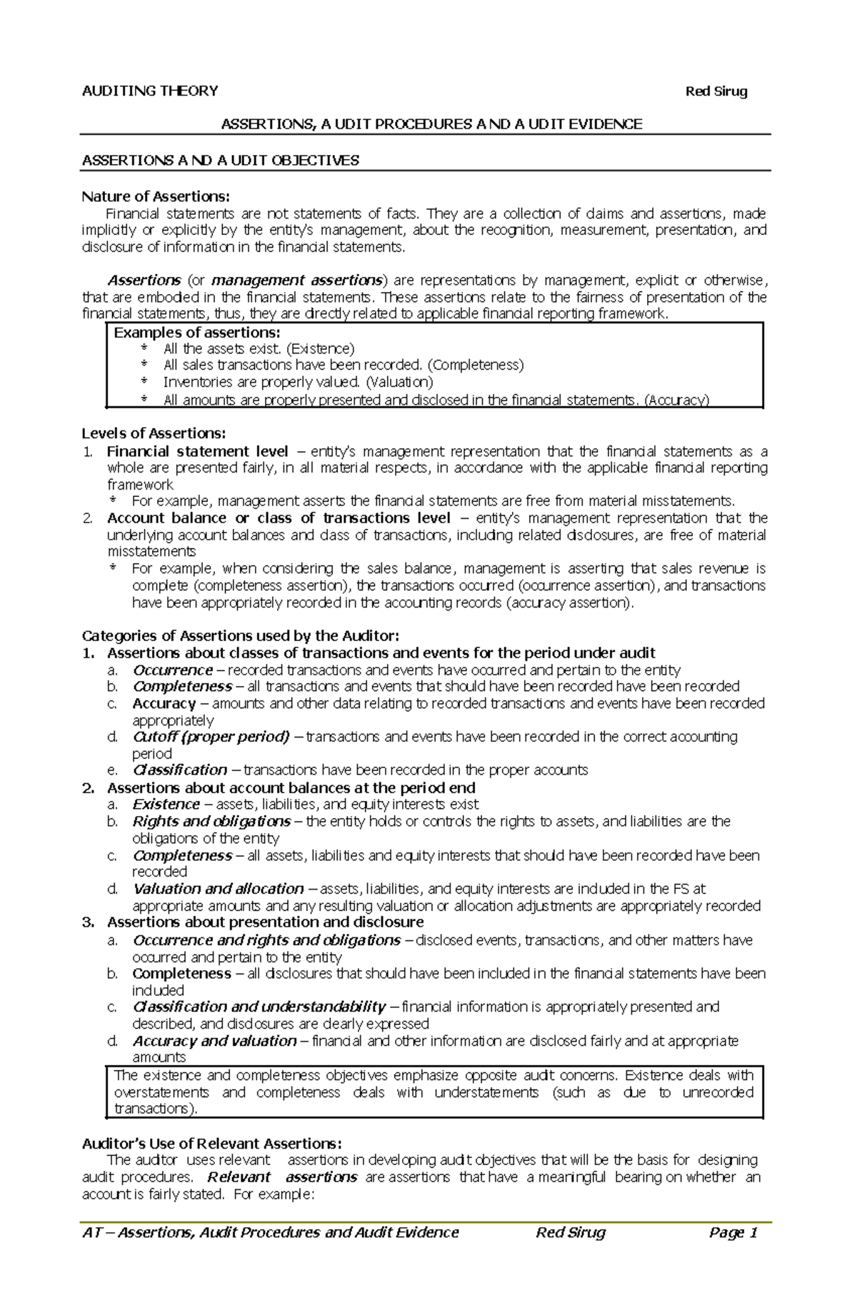 AUDITING THEORY: Assertions, Procedures & Evidence (AUD 101) Lecture ...