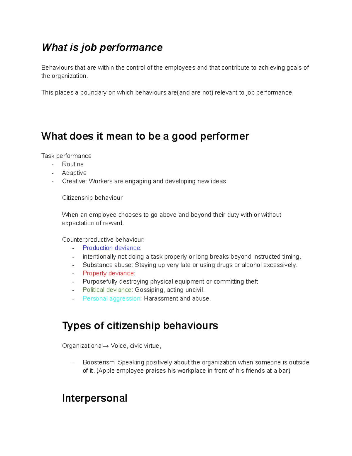 OB Intro Notes: Understanding Job Performance Behaviors - Studocu