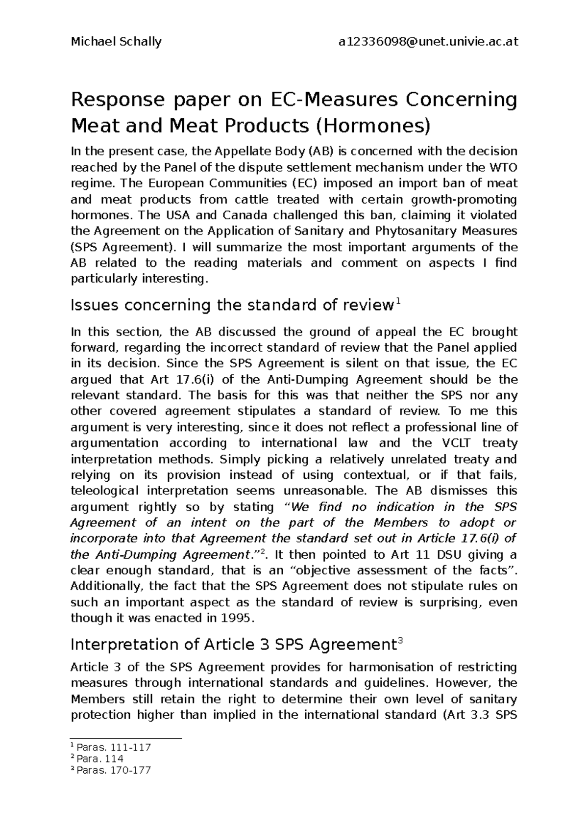 IEL Response Paper 1: Analysis of WTO SPS Agreement on Hormones in Meat ...