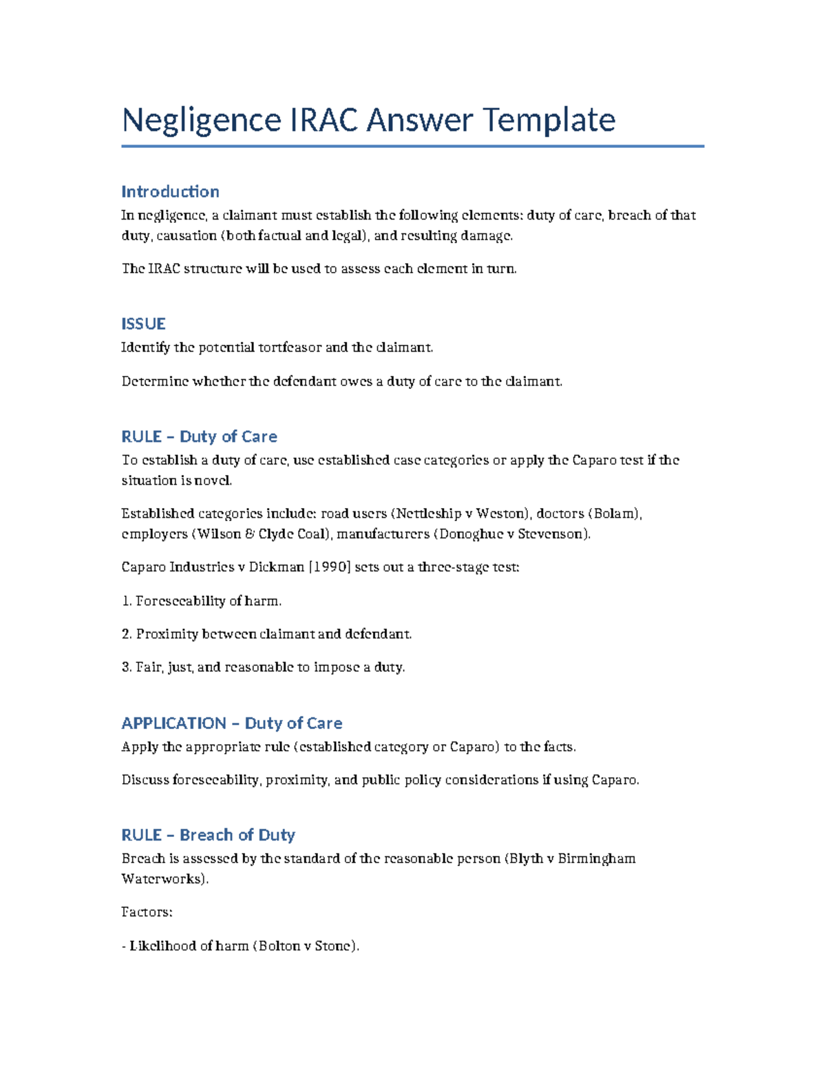 Negligence IRAC Template: Comprehensive Guide for Law Students - Studocu