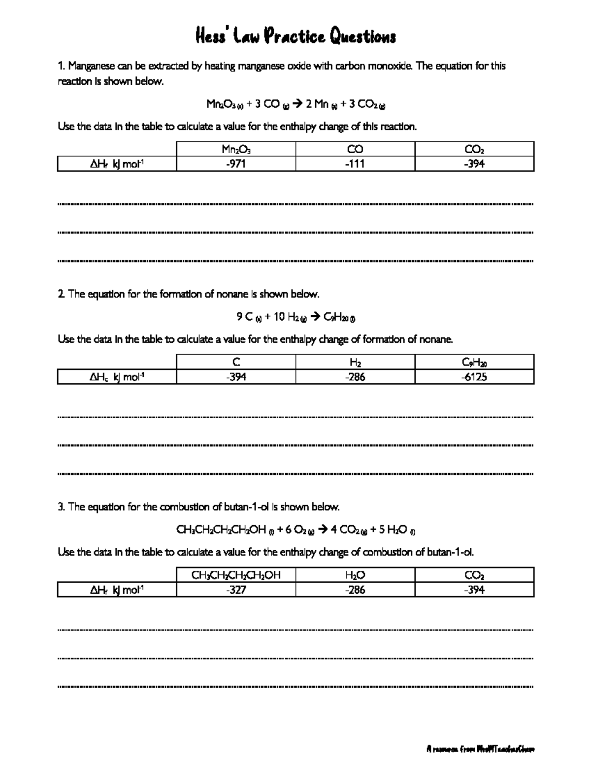 Hess' Law Practice Questions for Chemistry Course (CHEM-101) - Studocu