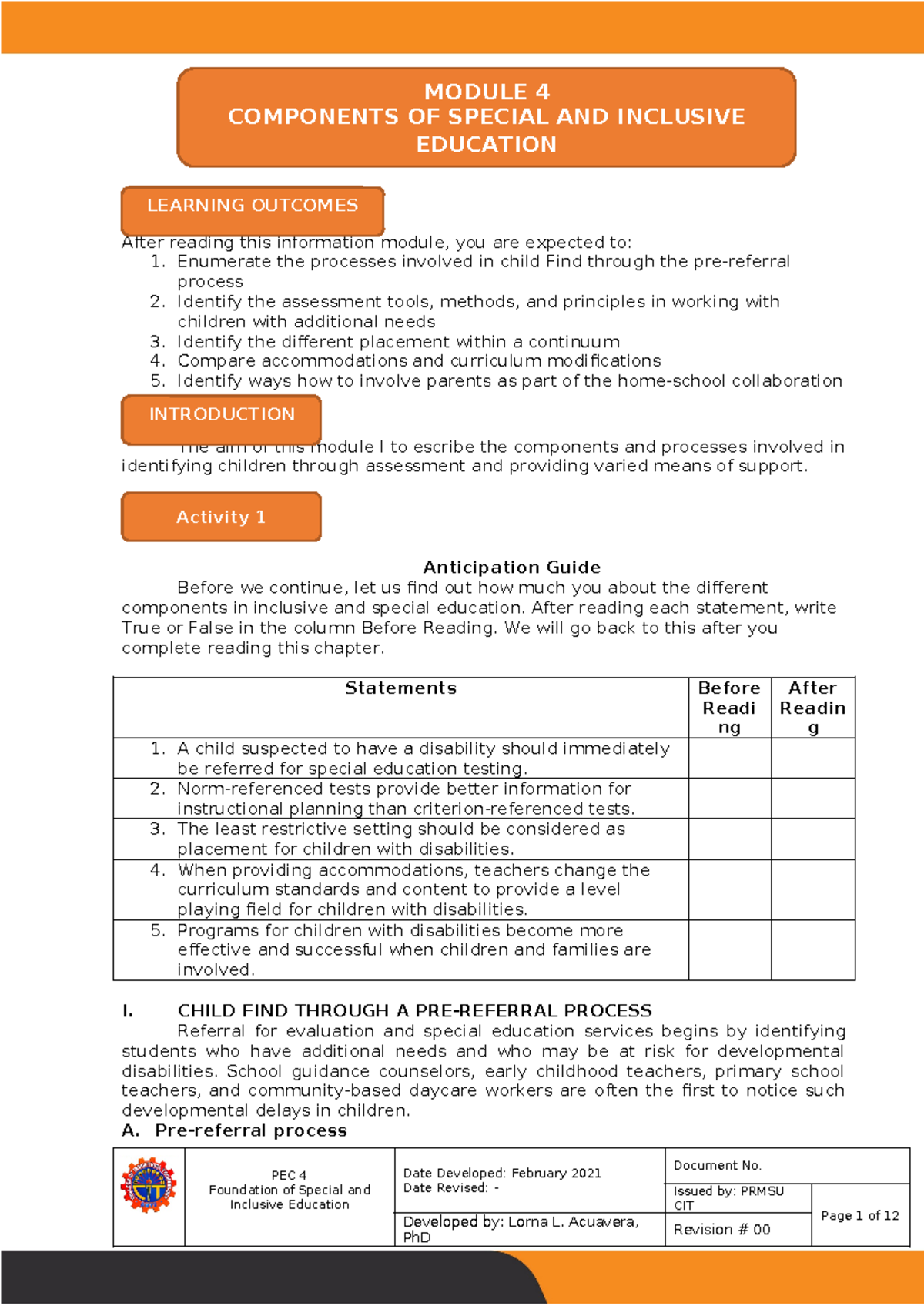 Module 4: Components of Special & Inclusive Education (105342) - Studocu