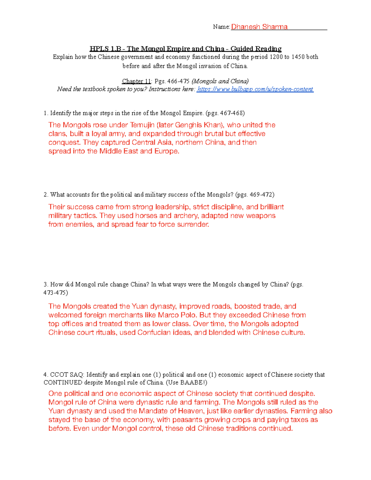 HPLS 1.B Guided Reading: The Mongol Empire's Impact on China - Studocu