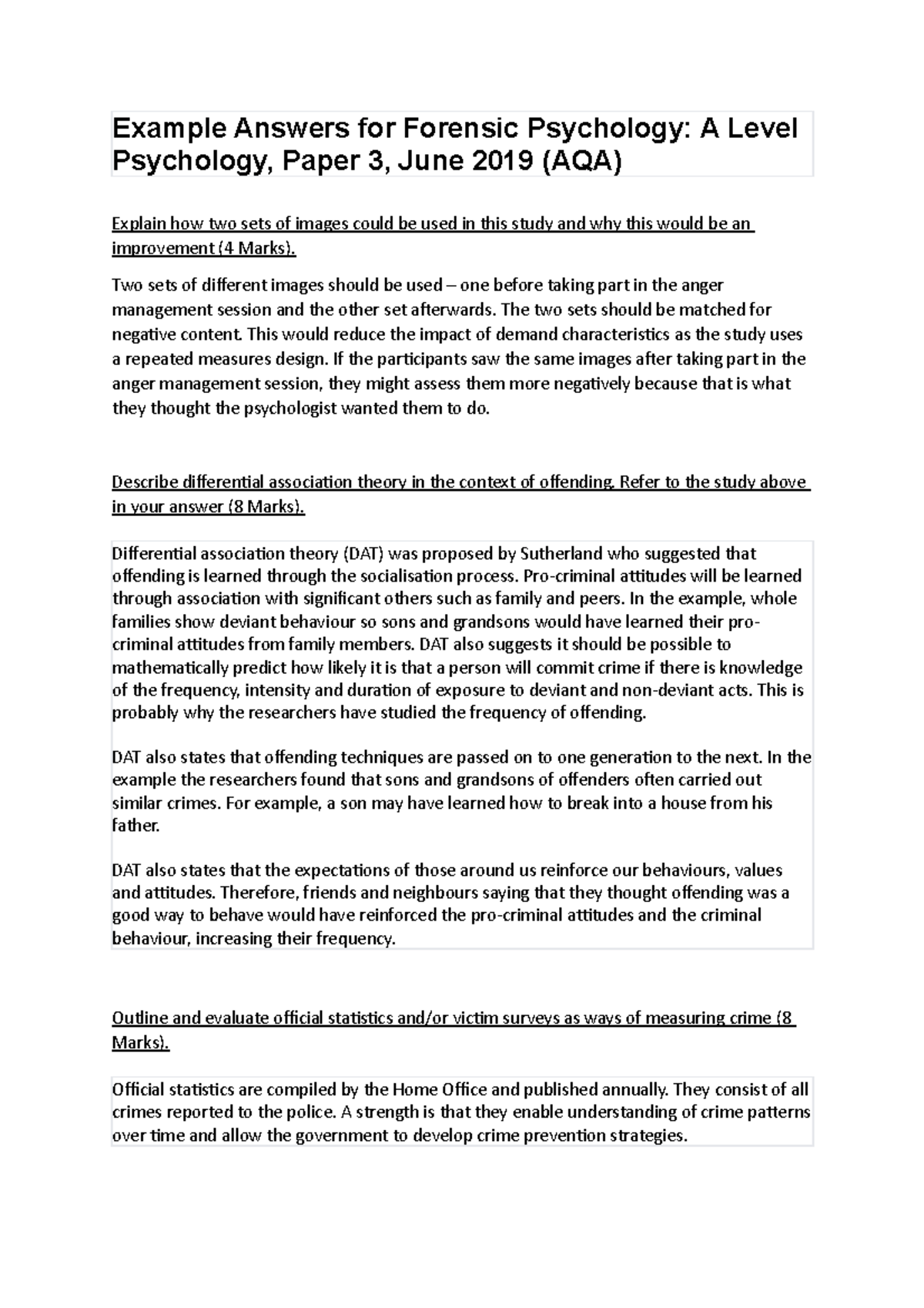 Forensic Psychology: Example Answers, A Level Psychology, Paper 3 (AQA ...