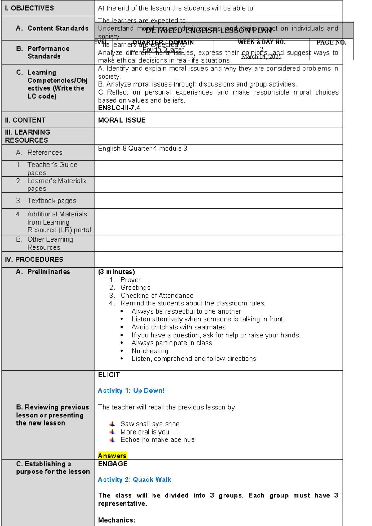 WEEK 4 DAY 2 - NOJE - DETAILED ENGLISH LESSON PLAN GRADE LEVEL 9 ...