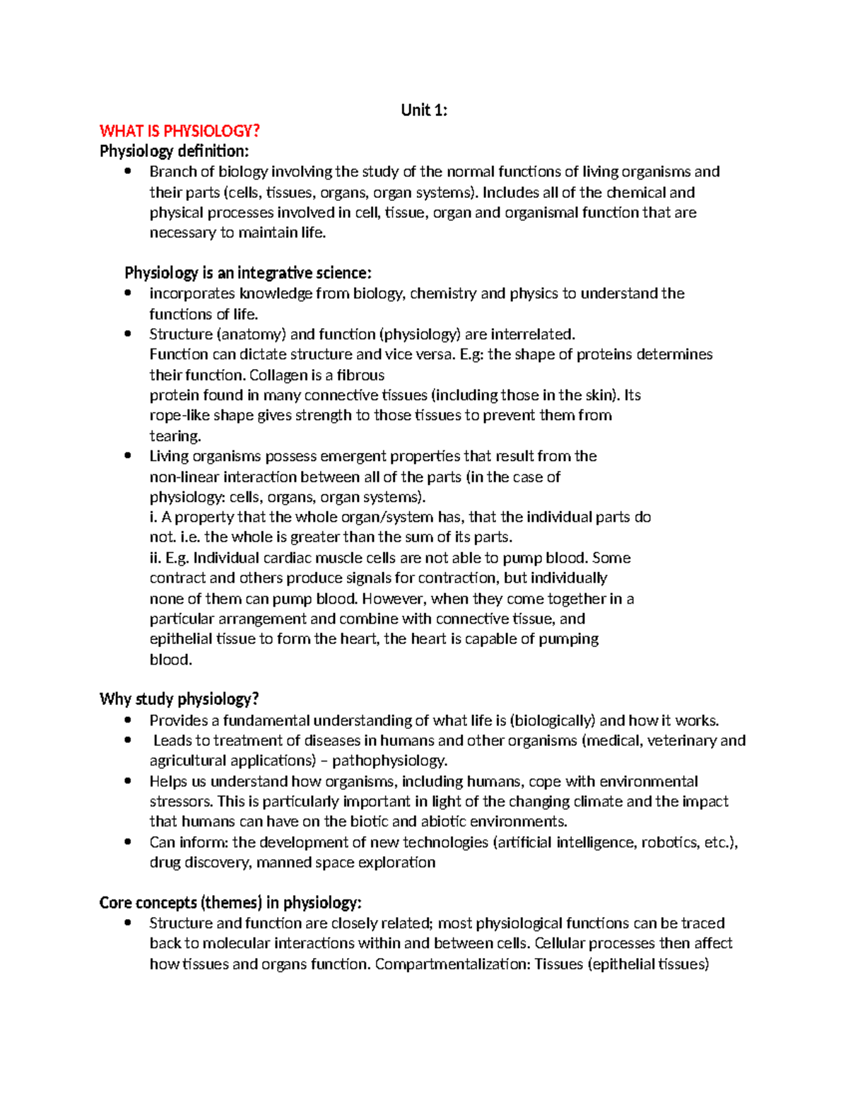 Final EXAM Notes CH. 1-12 - Unit 1: WHAT IS PHYSIOLOGY? Physiology ...