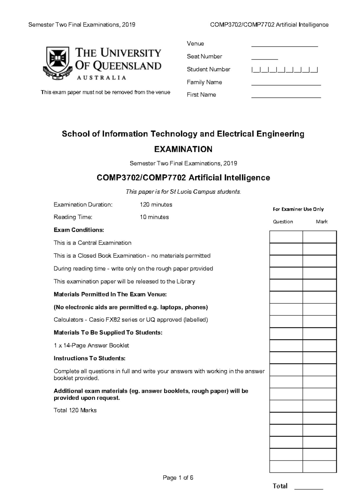 Final Exam Review for COMP3702 - Artificial Intelligence, Semester 2 ...