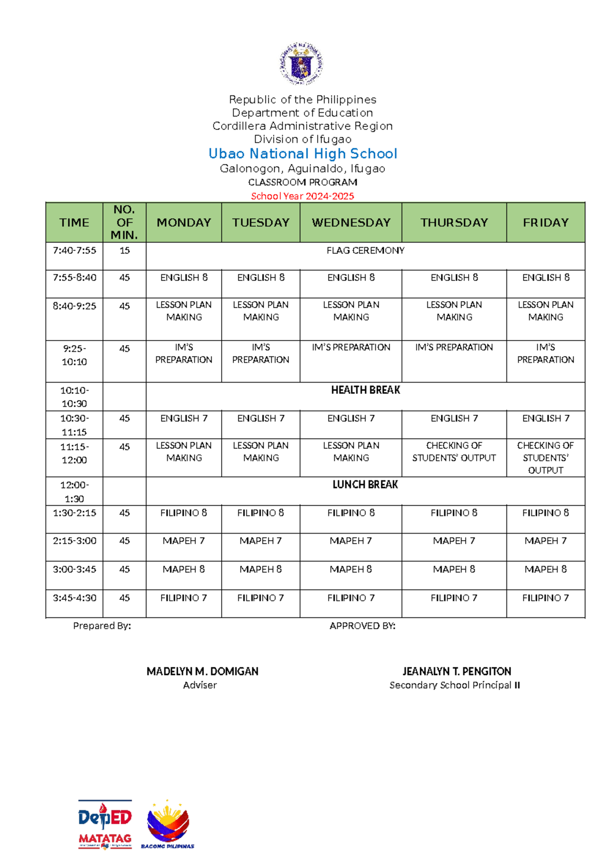 Teachers Program Sample for SY 2024: Ubao National HS - Studocu
