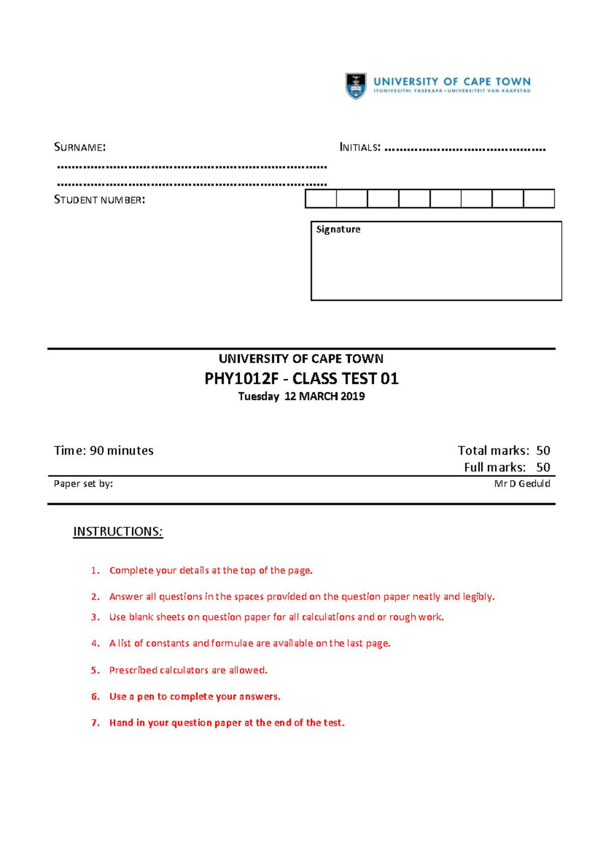 Class Test 1 2019 - SURNAME: - Studocu