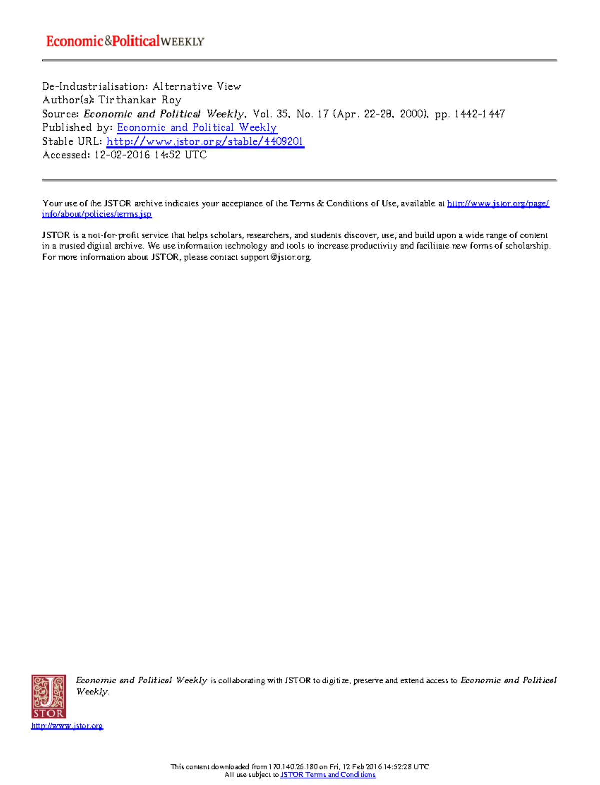 Roy, Tirthankar. 2000 . De-Industrialisation - ####### Economic and ...