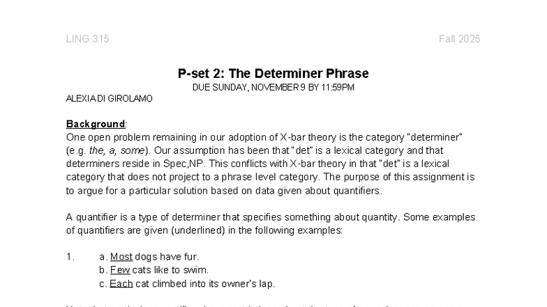 LING 315 - P-set 2 - The Determiner Phrase - P-set 2: The Determiner ...
