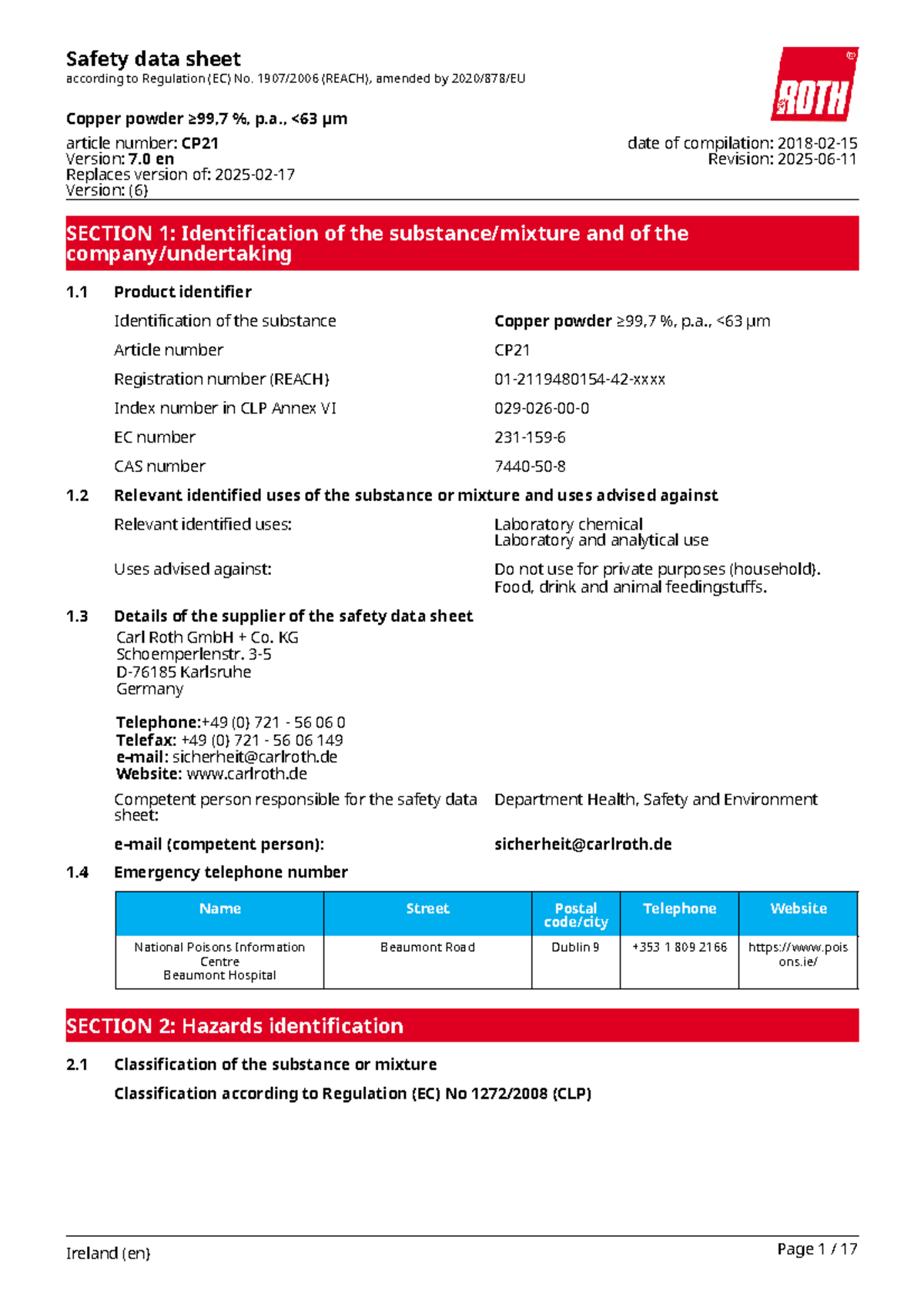 Safety Data Sheet (SDS) for Copper Powder p.a. (CP21) - Version 7.0 ...