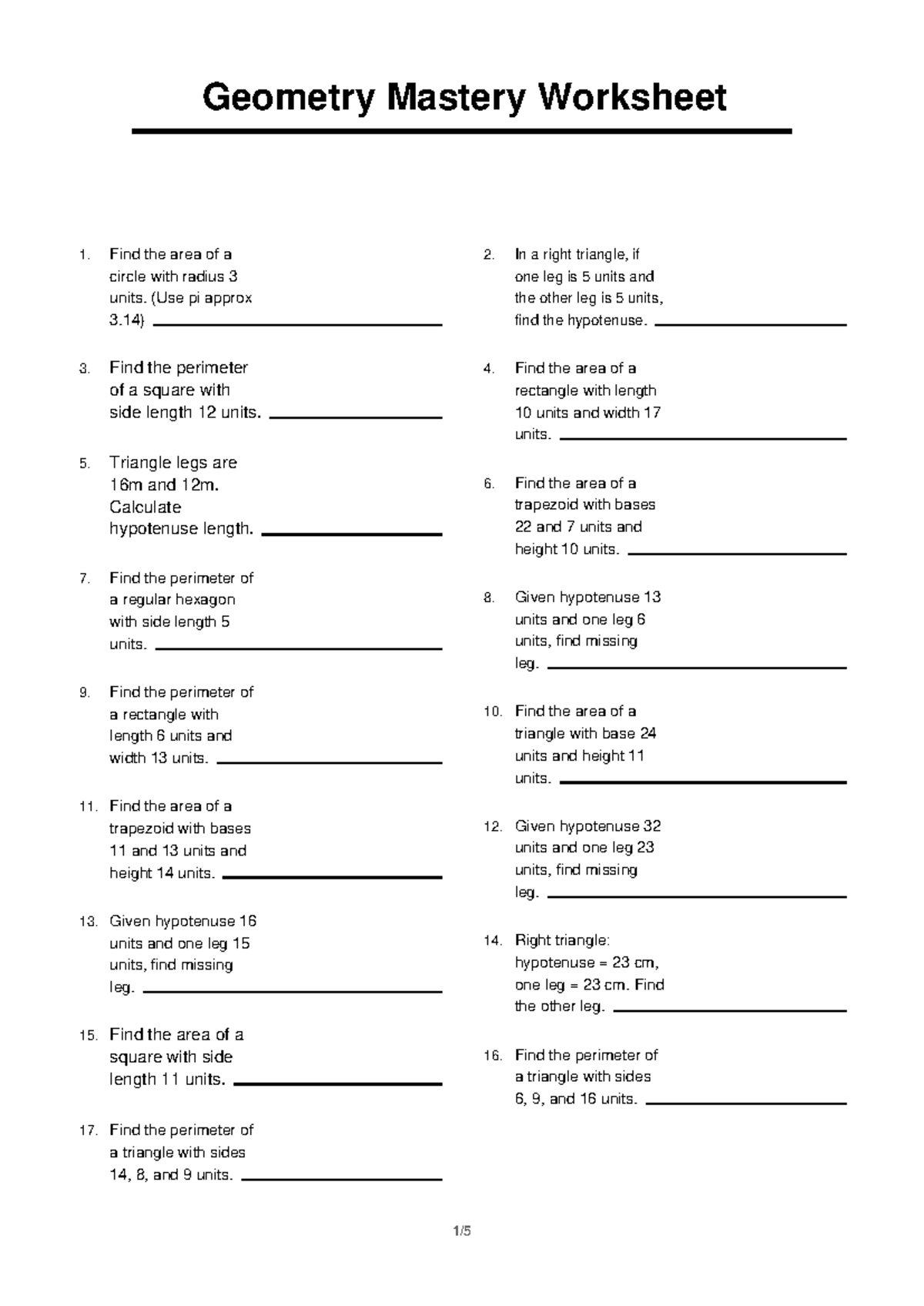Geometry Mastery Worksheet 5: Area & Perimeter Problems - Studocu