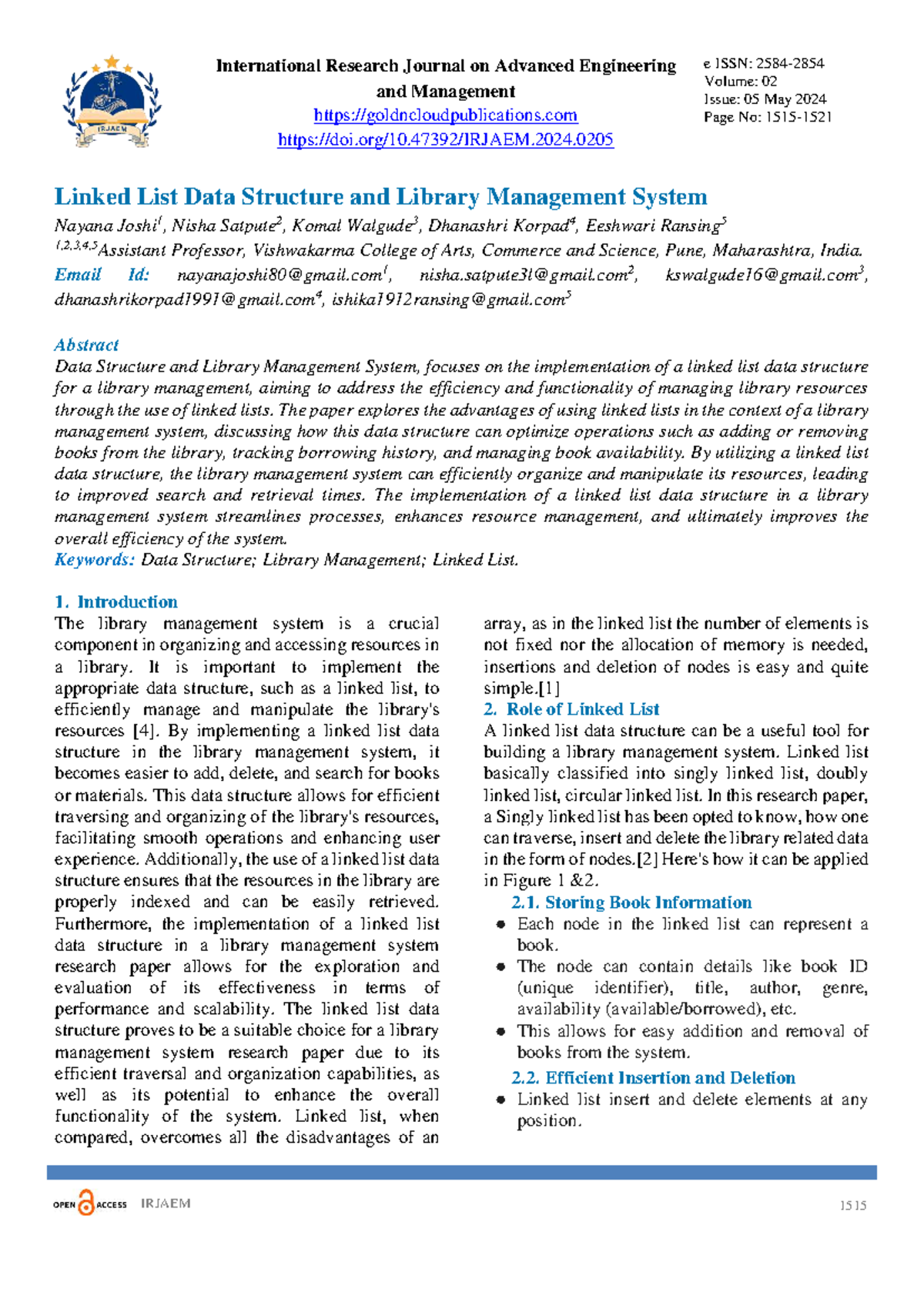 Linked List Data Structure in Library Management System (IRJAEM) - Studocu