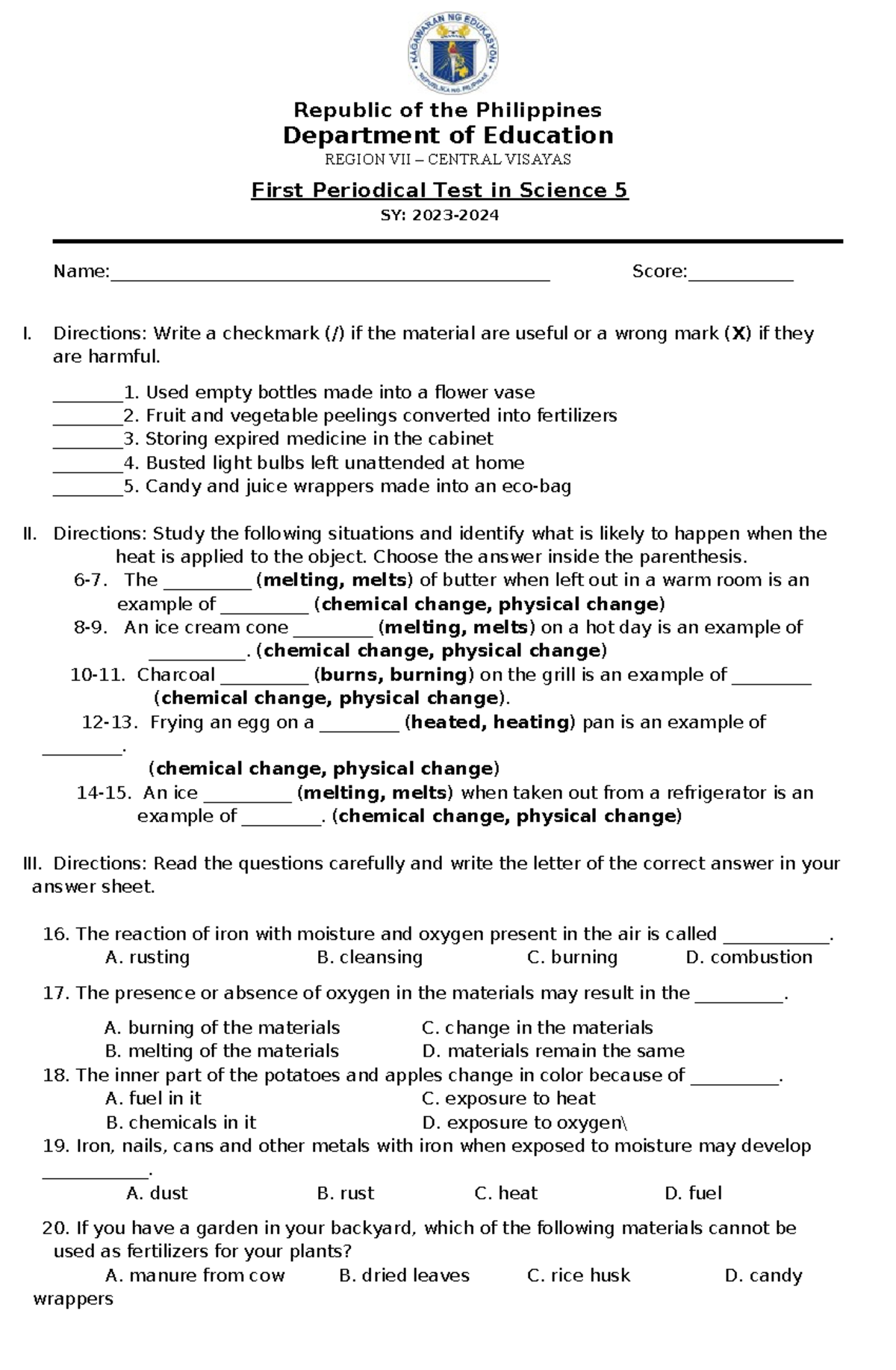 2024 Periodical EXAM IN Science 5 Q1 - Republic of the Philippines ...
