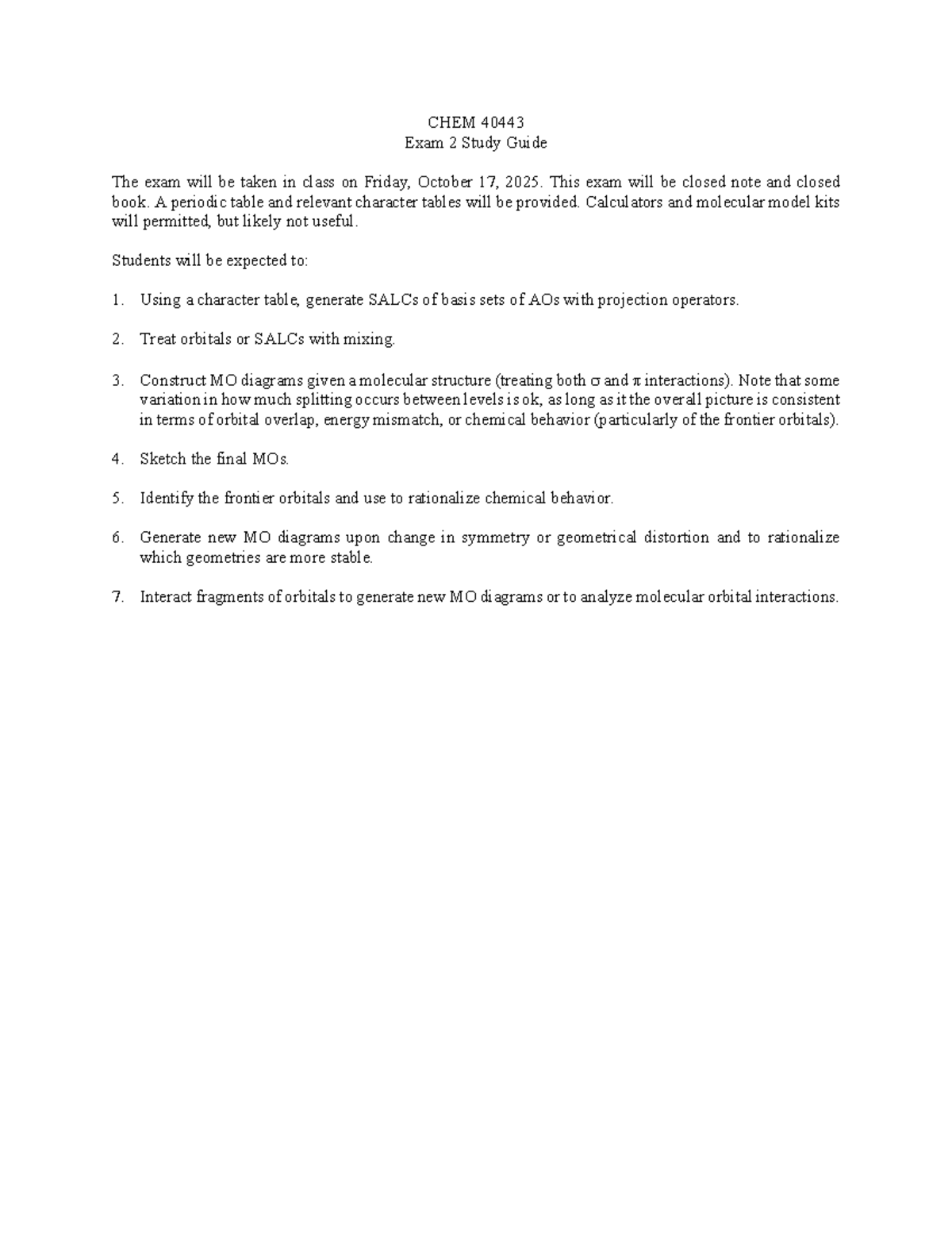 CHEM 40443 Exam 2 Study Guide: Key Concepts & MO Diagrams - Studocu
