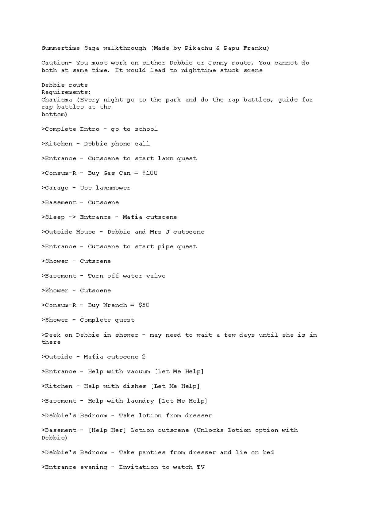 Summertime Saga Full Walkthrough Guide V0 - Debbie & Jenny Routes - Studocu