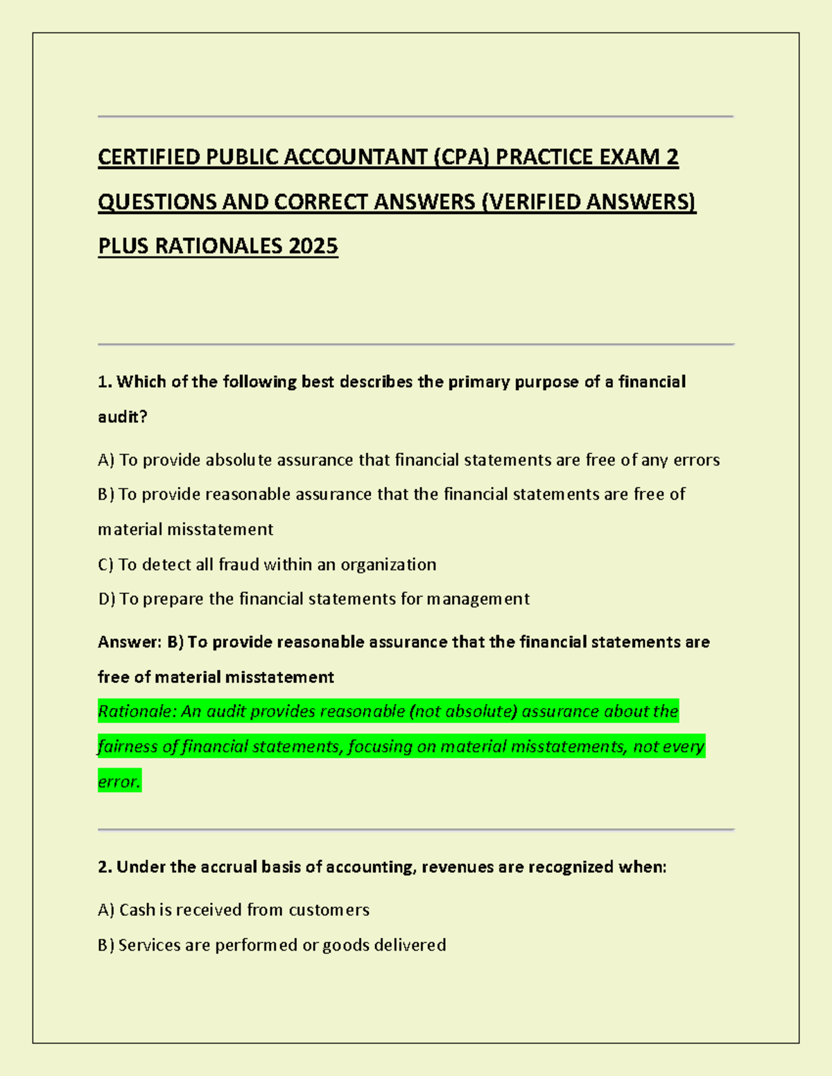 CPA Practice Exam 2: Questions, Answers & Rationale 2025 - Studocu
