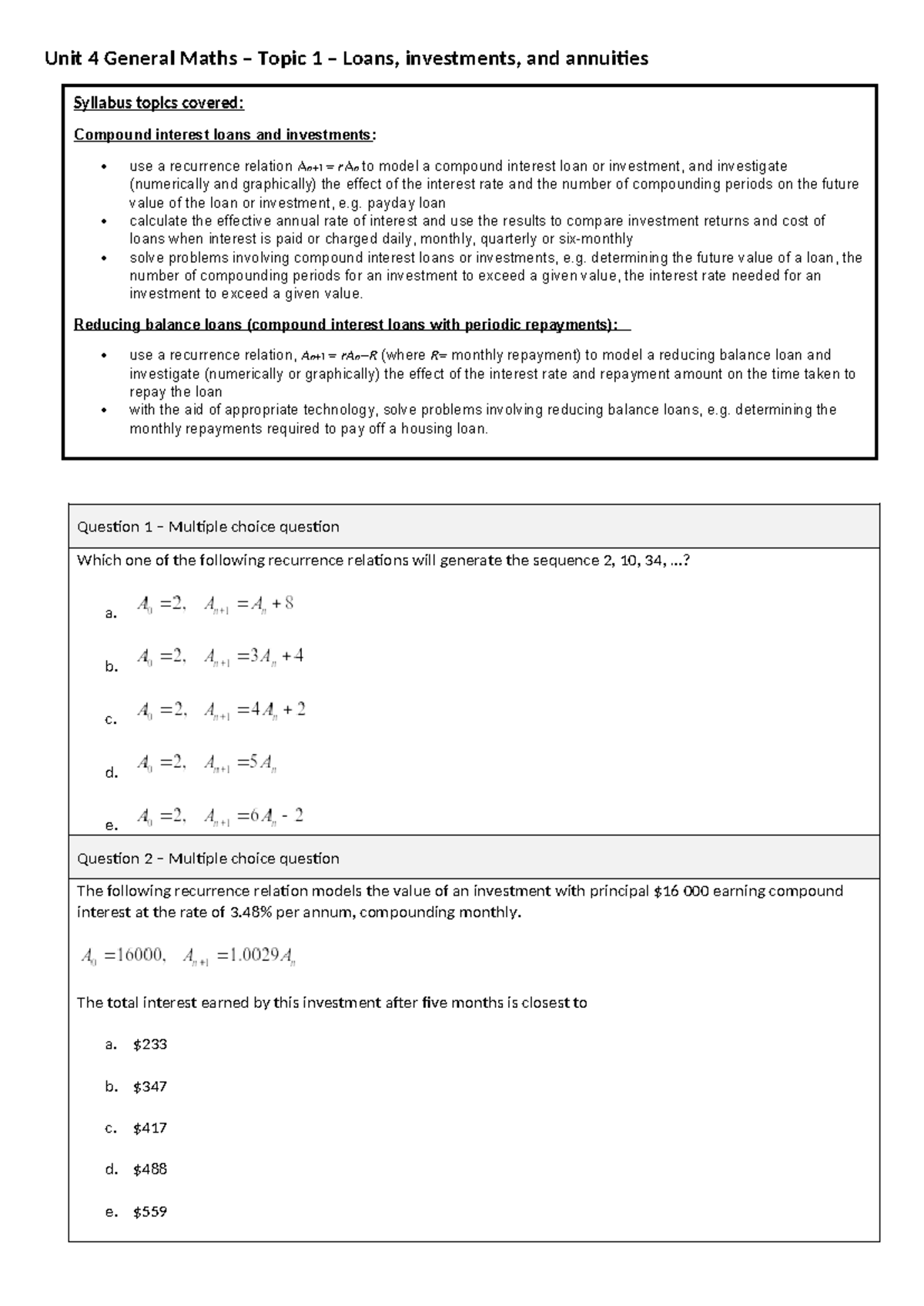 Quiz 1 - General Maths on Loans & Investments - Chapters 7 & 8 for IA3 ...