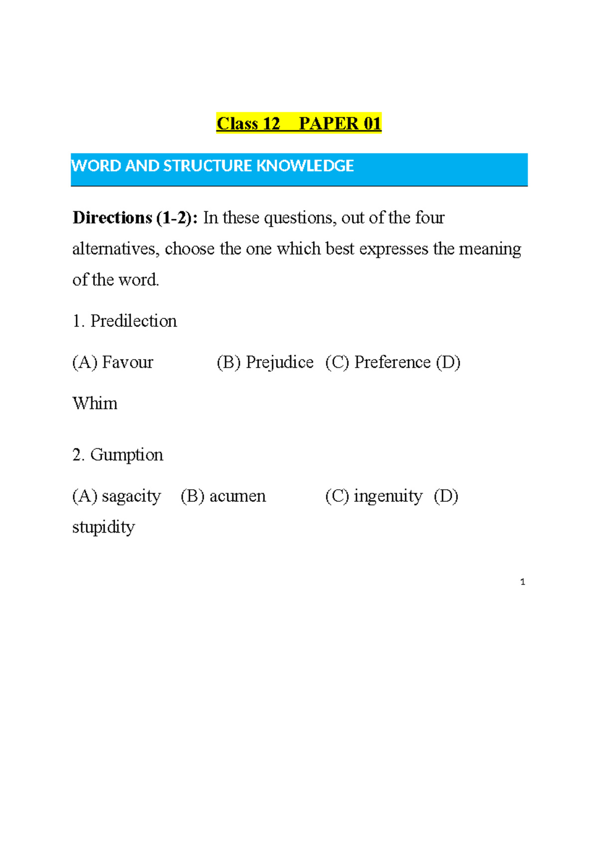 Class 12 PAPER 01 - WORD AND STRUCTURE KNOWLEDGE Questions - Studocu