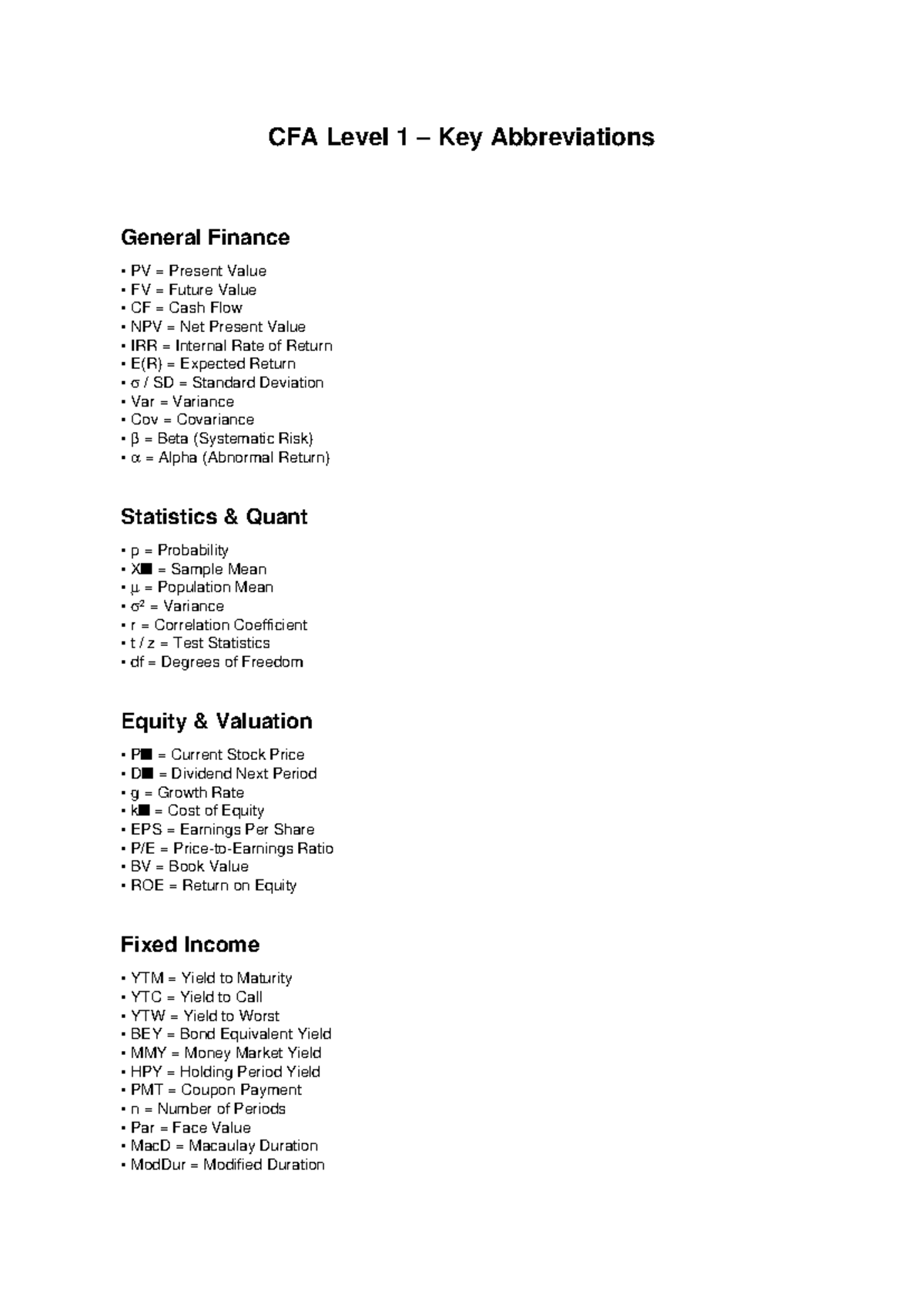 CFA Level 1 Key Abbreviations in Finance and Statistics - Studocu