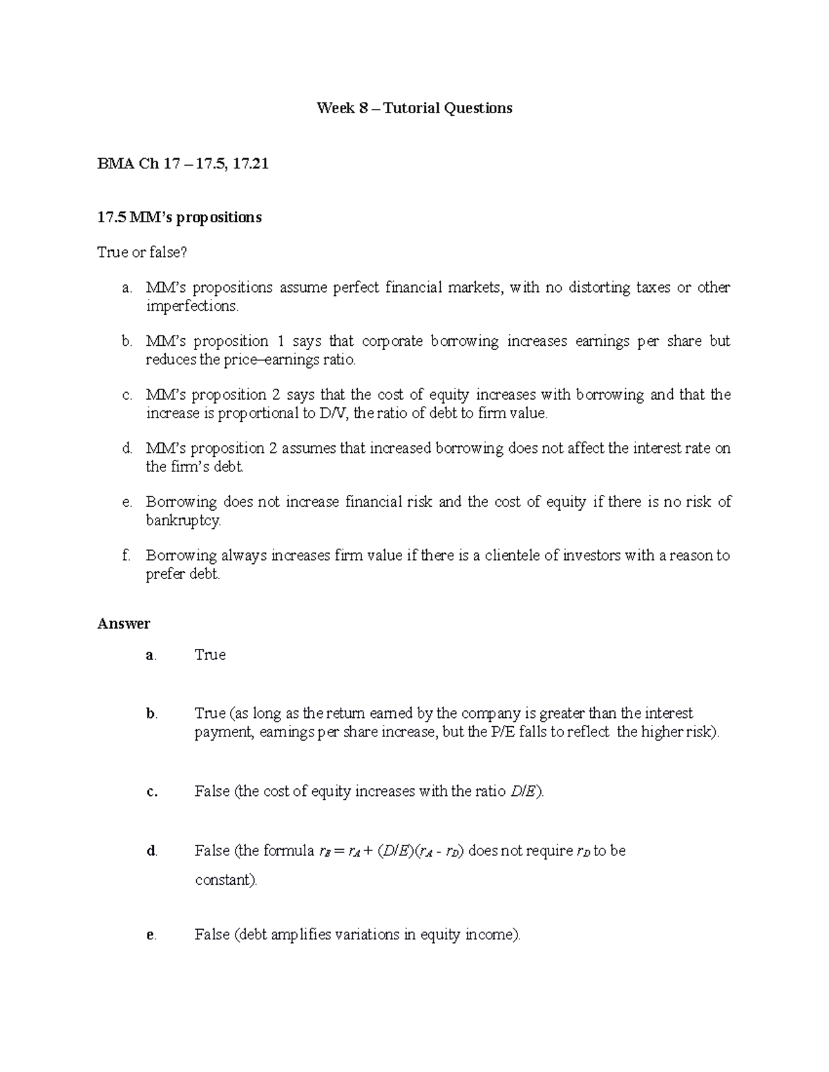 Week 8 – Tutorial Questions & Answers - Week 8 – Tutorial Questions BMA ...