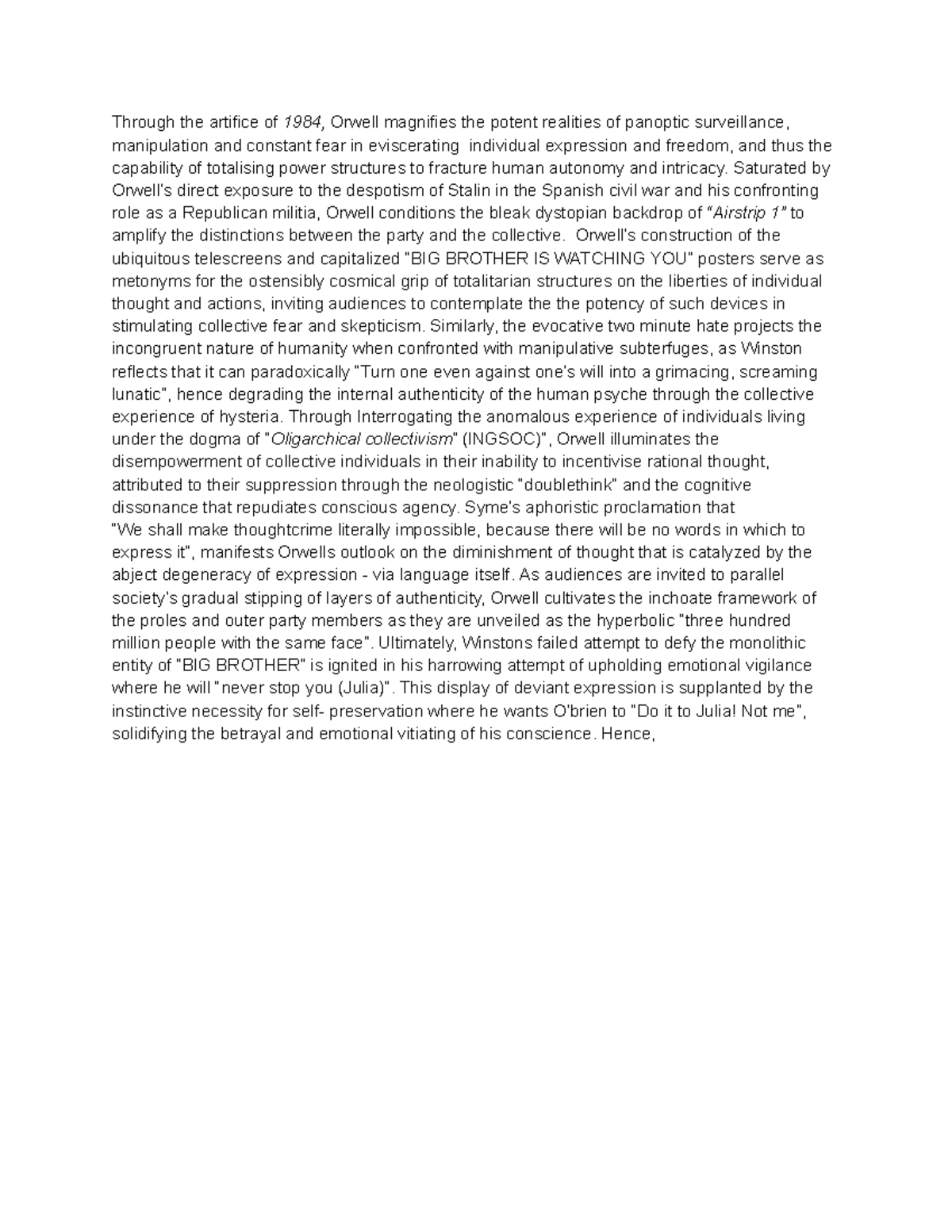 1984 Essay Notes: Surveillance, Manipulation, and Freedom - Studocu