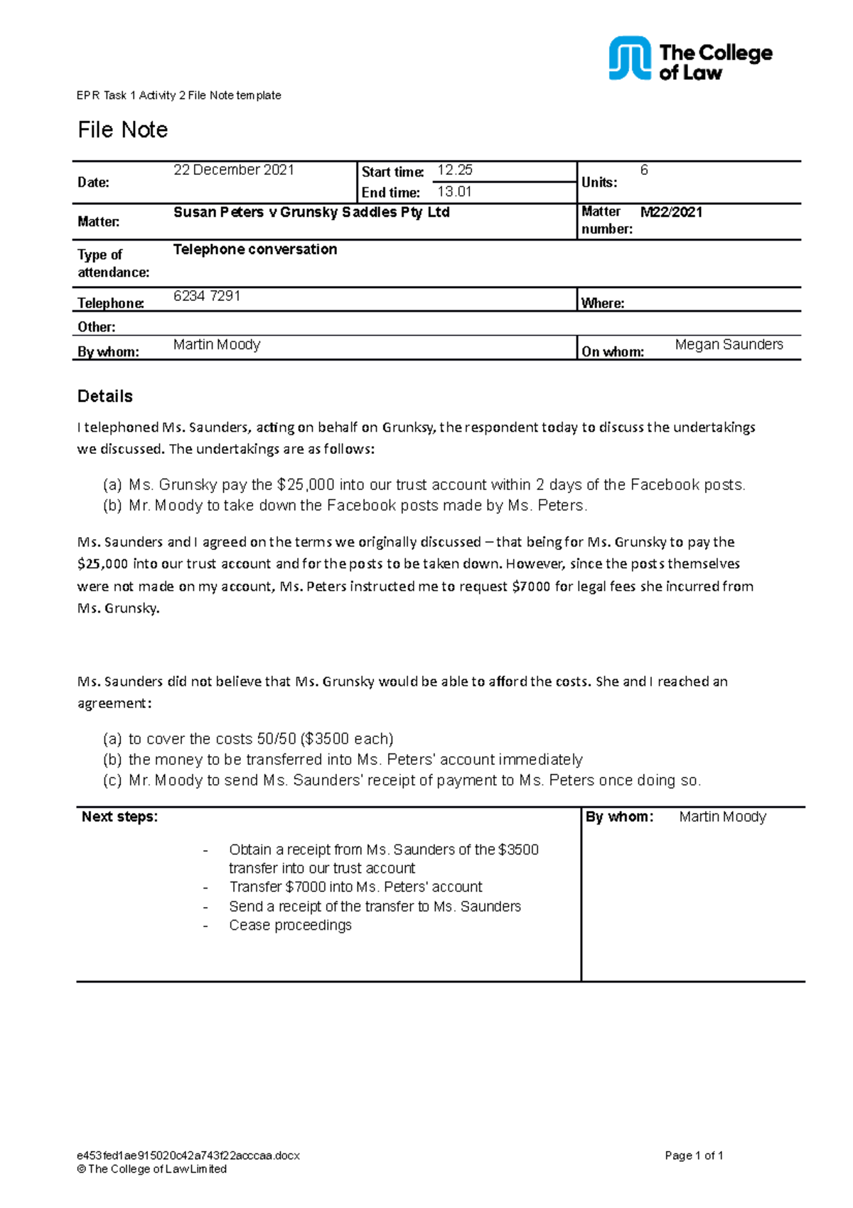 Activity 2.1 File Note - How to make file note based on material facts ...