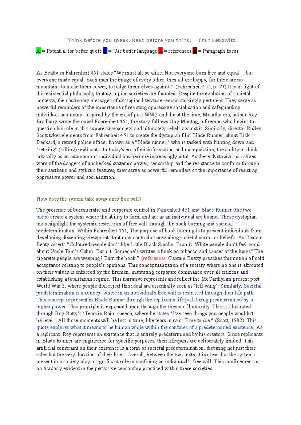 IA1 Draft - Dystopian Fiction: Analyzing Blade Runner & Fahrenheit 451 ...