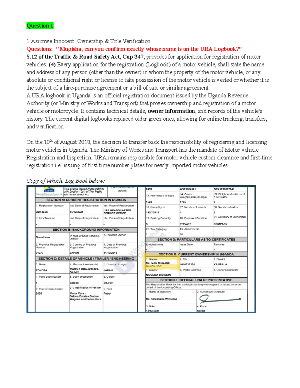 Ownership Title Verification Questions: URA Logbook and Legal ...