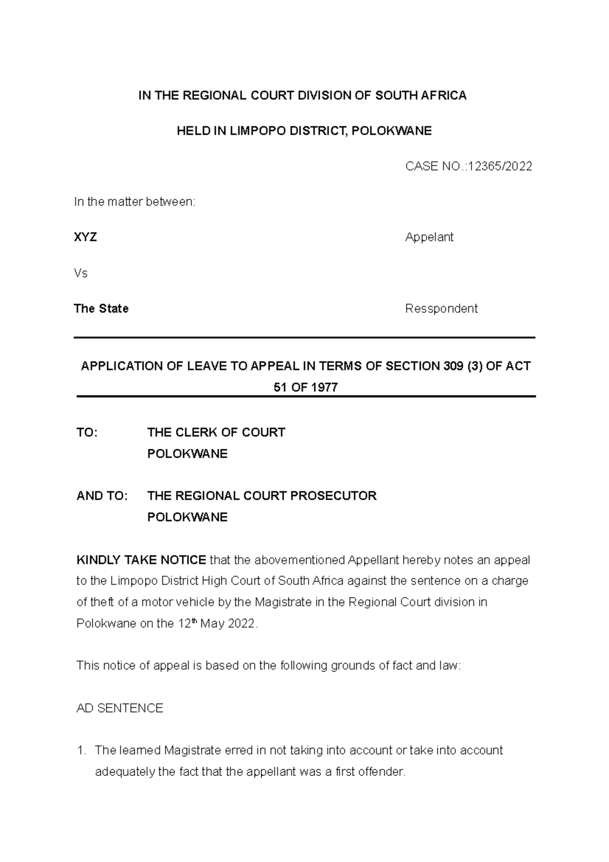 Application for Leave to Appeal - Mag Court Case No. 12365 - Studocu