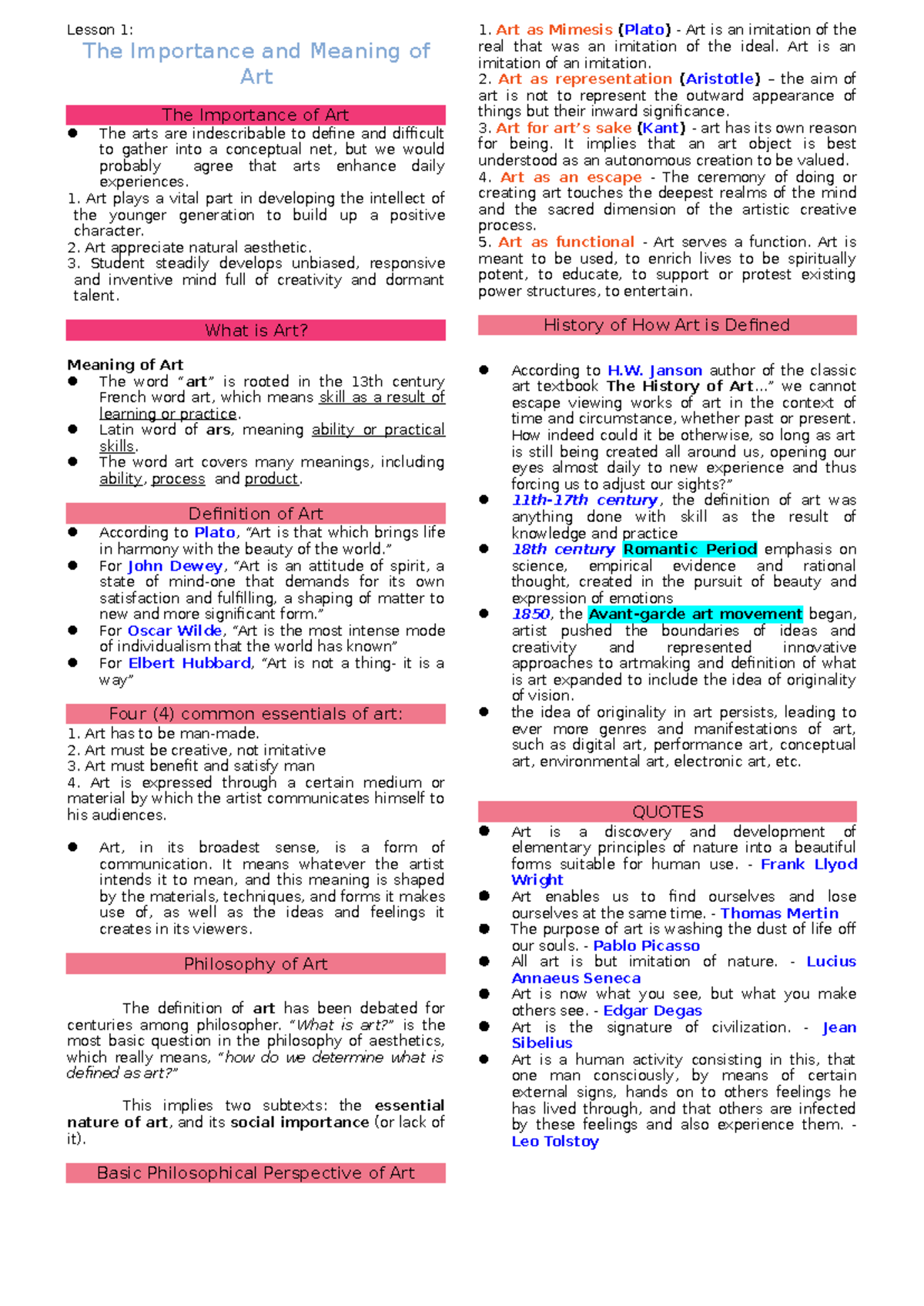 Art Appreciation Lesson 1: Understanding the Essence of Art - Studocu