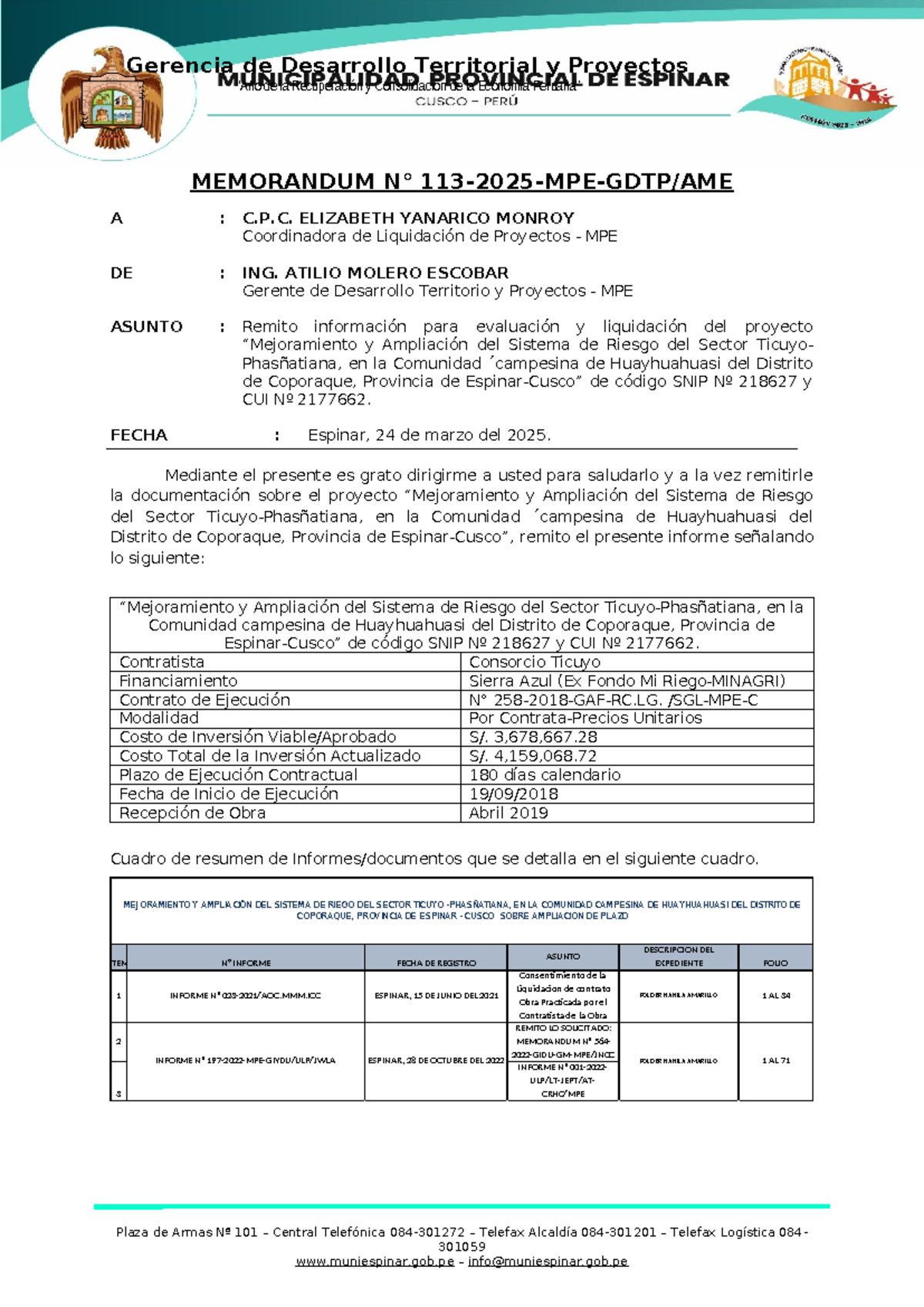 Memorandum N° 113-2025-MPE-GDTP: Informe de Proyecto Ticuyo-Phasñatiana ...
