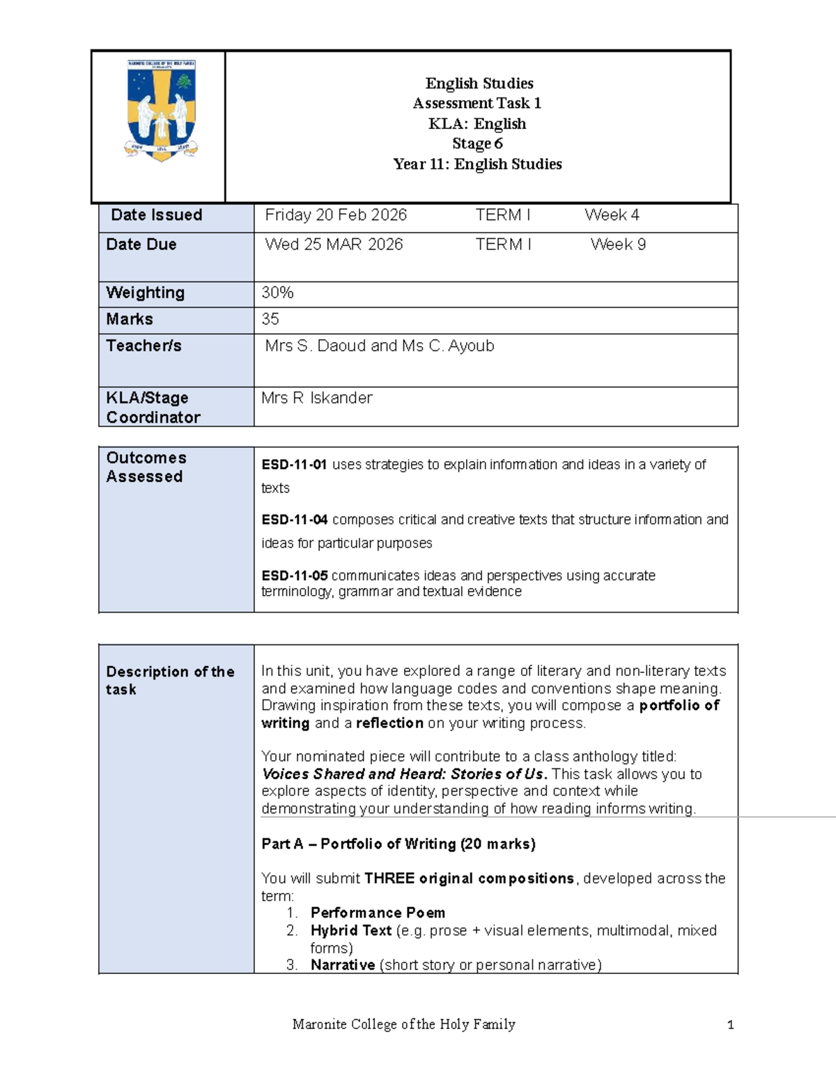2026 Year 11 English Studies Task 1: Writing Portfolio & Reflection ...