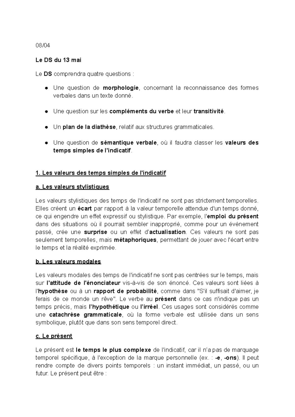 CM 10 - Grammaire : Valeurs des Temps Simples et Présent - Studocu