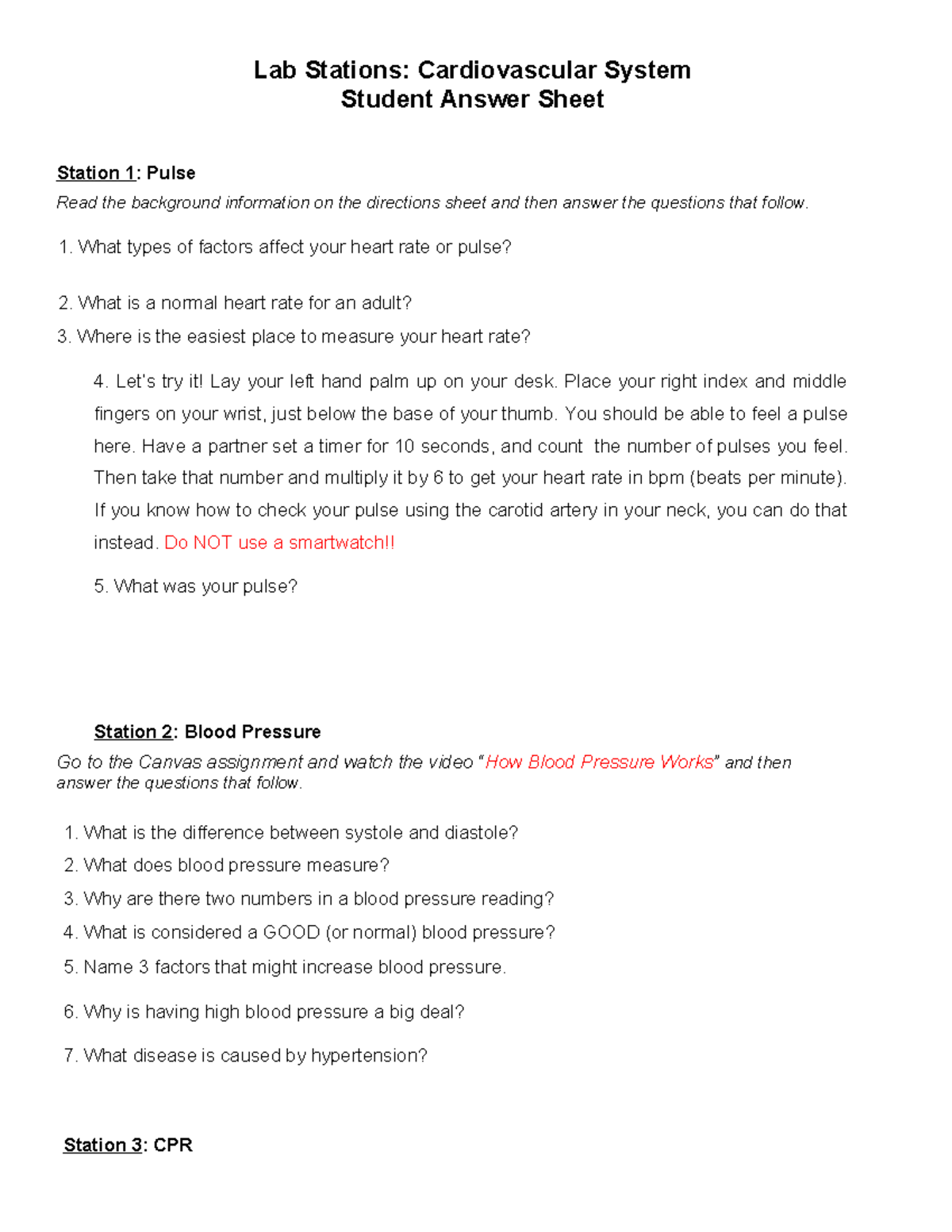 Lab Stations: Cardiovascular System - Student Answer Sheet (Cardio 7 ...
