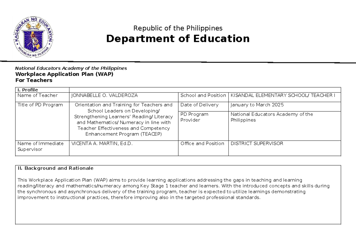 Workplace Application Plan (WAP) for Teachers - TEACEP Implementation ...